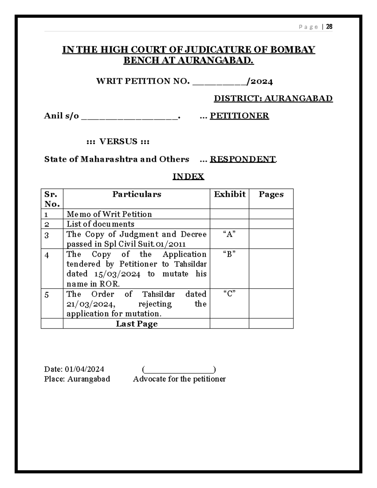 WRIT Petition - IN THE HIGH COURT OF JUDICATURE OF BOMBAY BENCH AT AURANGABAD. WRIT PETITION NO ...