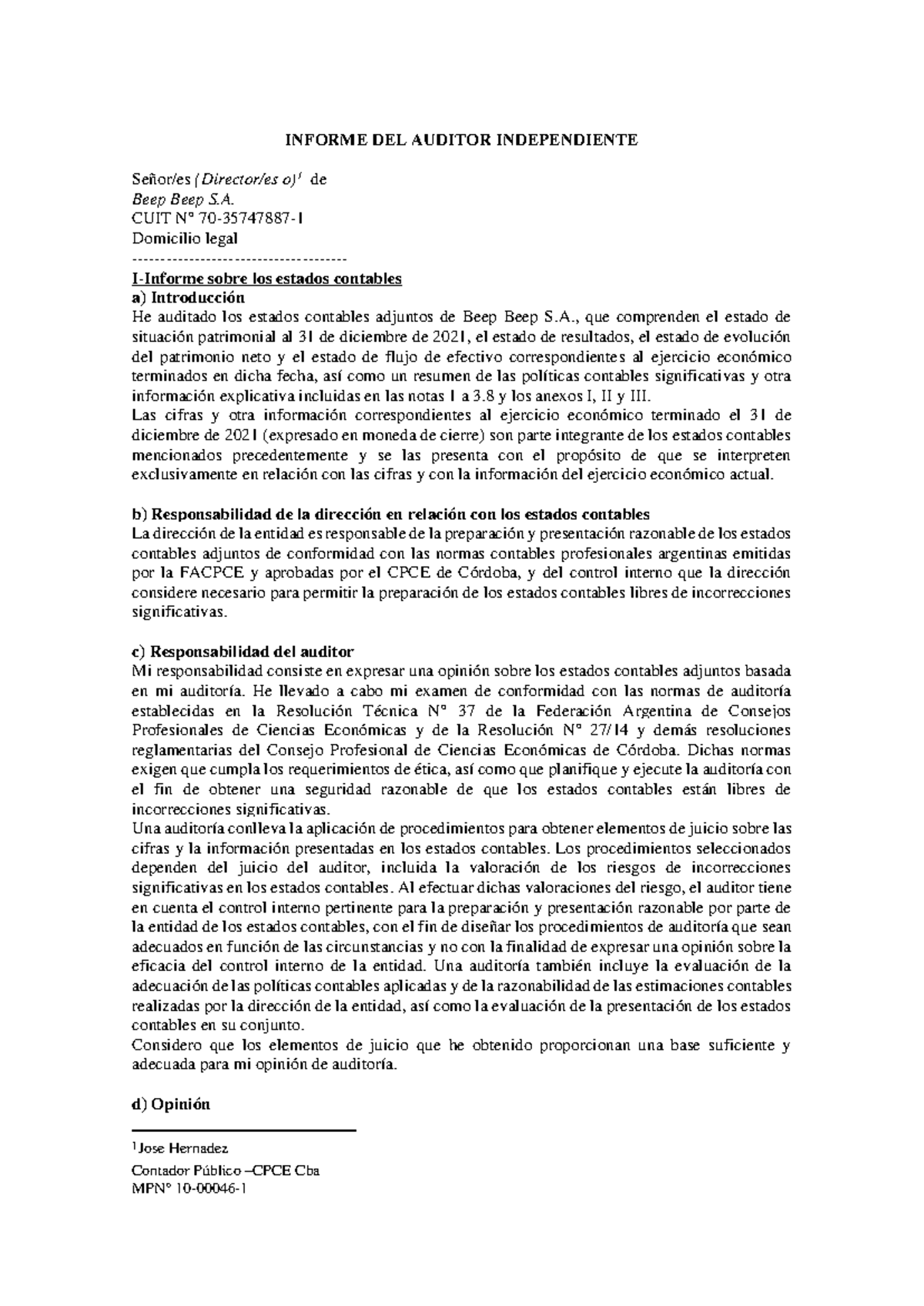 TP3 - Documentación extra - INFORME DEL AUDITOR INDEPENDIENTE Señor/es (Director/es o) 1 de Beep ...