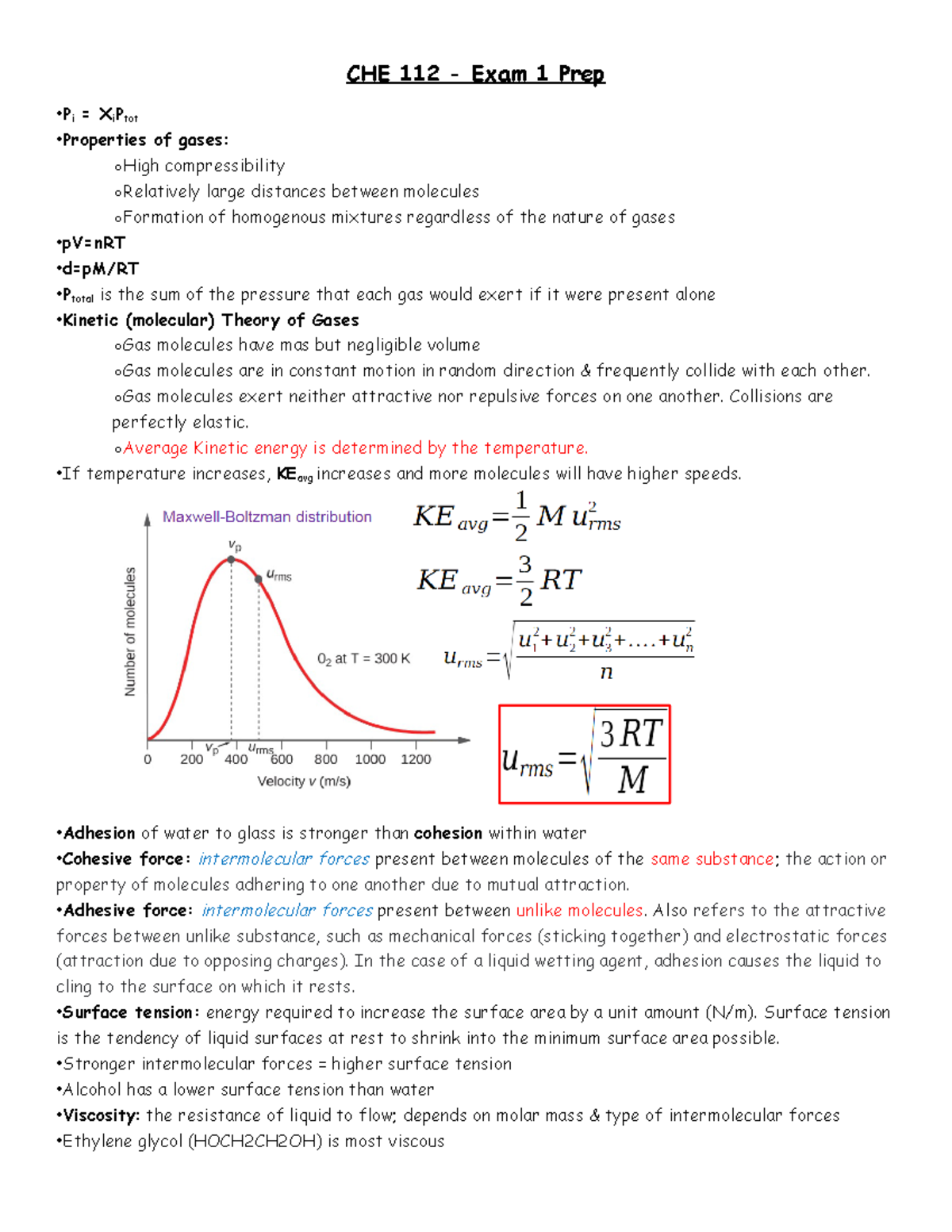 CHE 112 Exam 1 study guide - CHE 112 - Exam 1 Prep Pi = XiPtot Properties of gases: High - Studocu