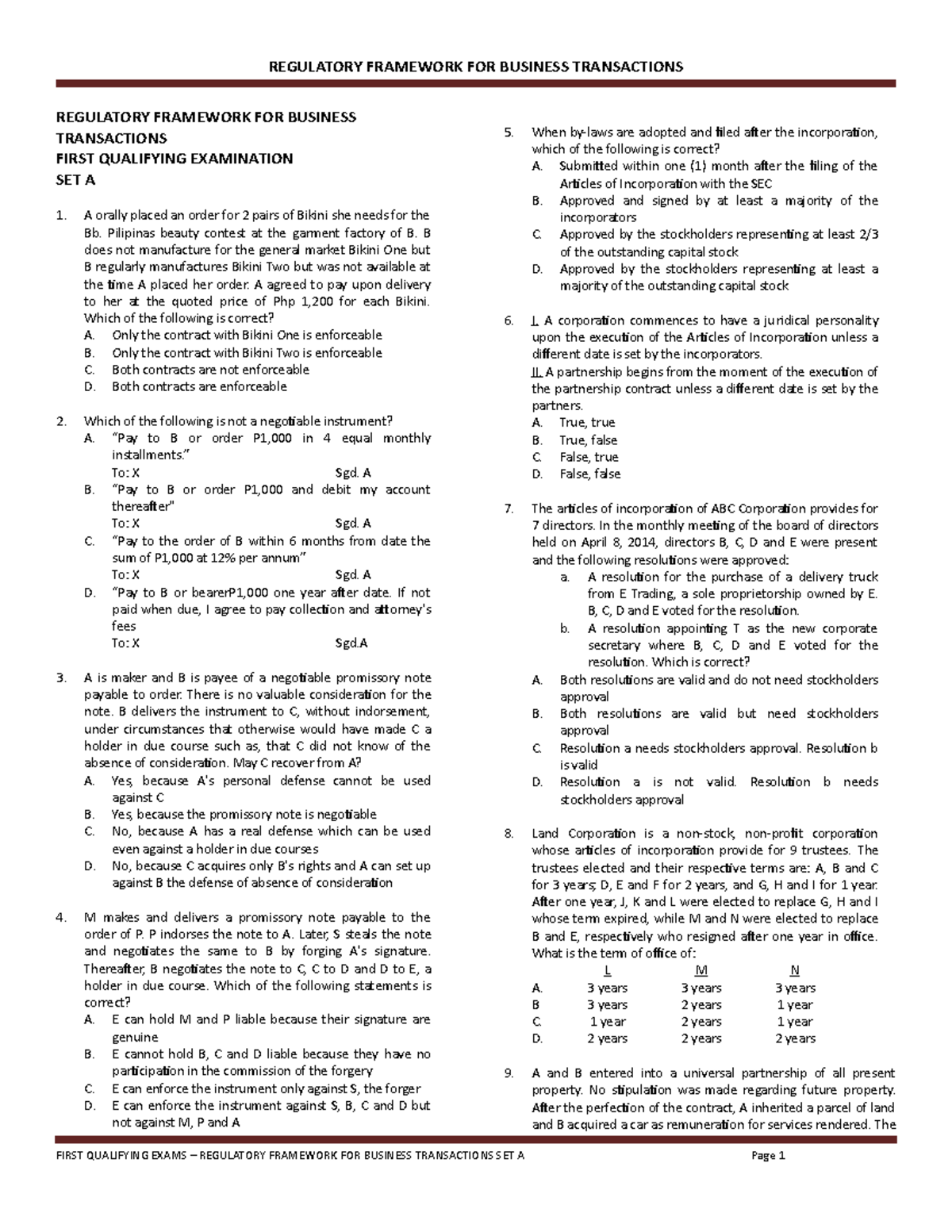 RFBT First Qualifying Exams SET A - REGULATORY FRAMEWORK FOR BUSINESS TRANSACTIONS FIRST ...