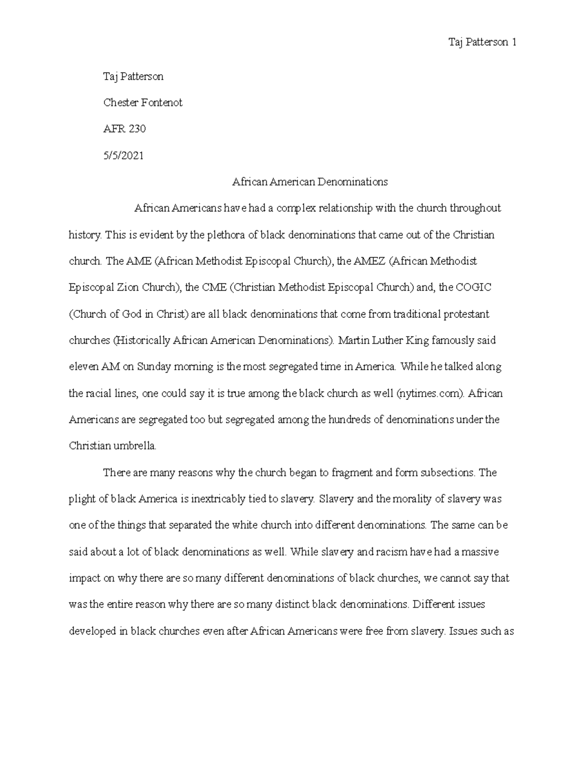 African American Denominations - Taj Patterson 1 Taj Patterson Chester ...