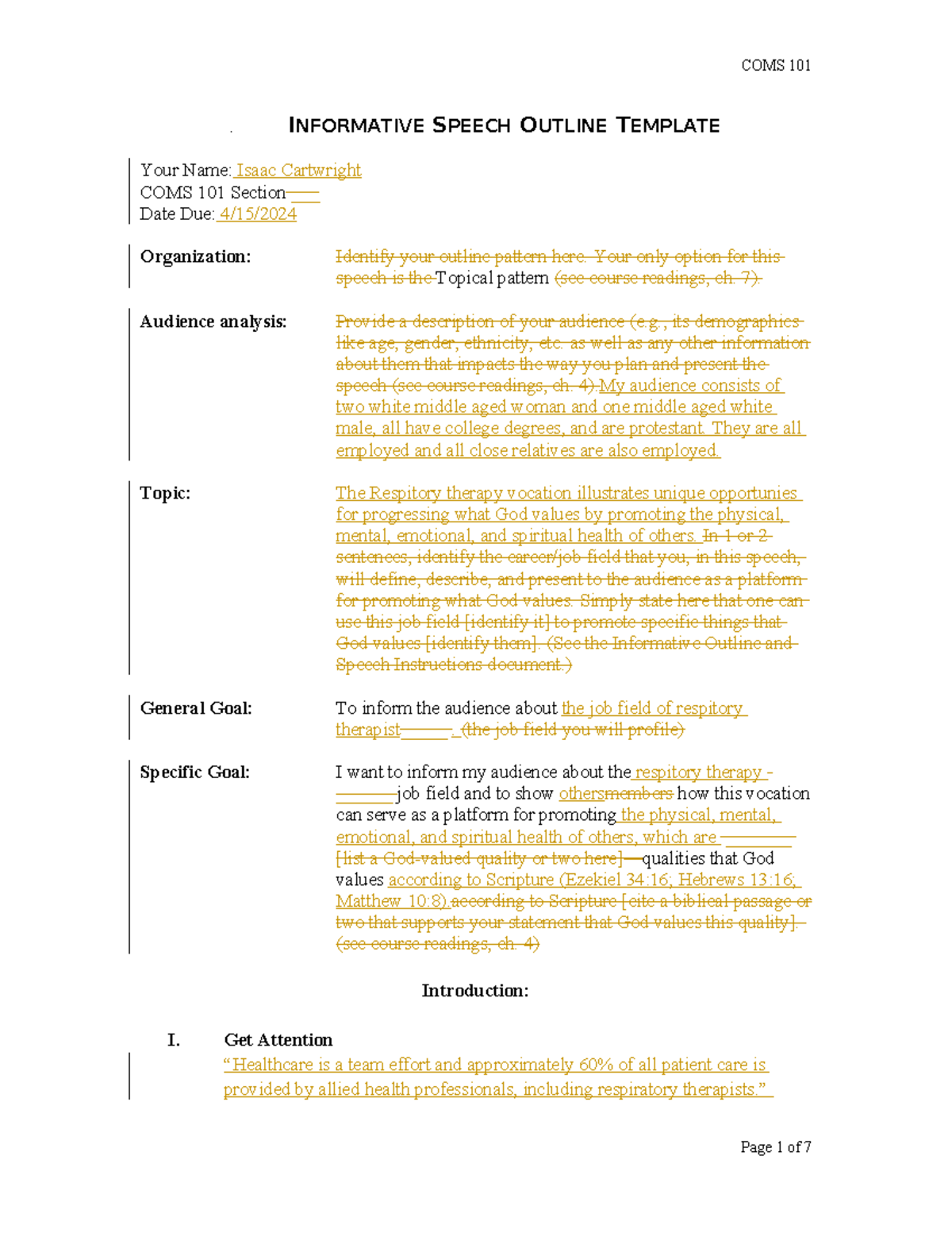 Cartwright Informative Speech Outline - INFORMATIVE SPEECH OUTLINE ...