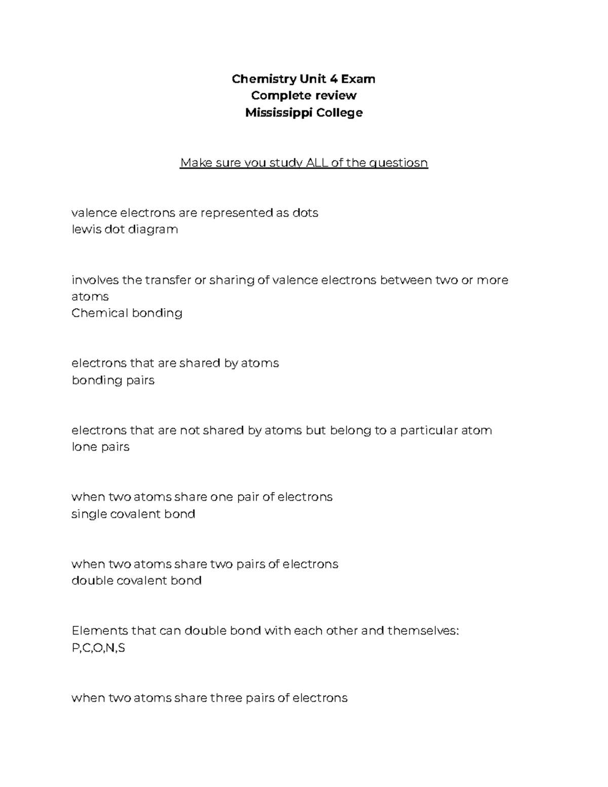 Chemistry Unit 4 Exam - This review will help you make a 100 ...