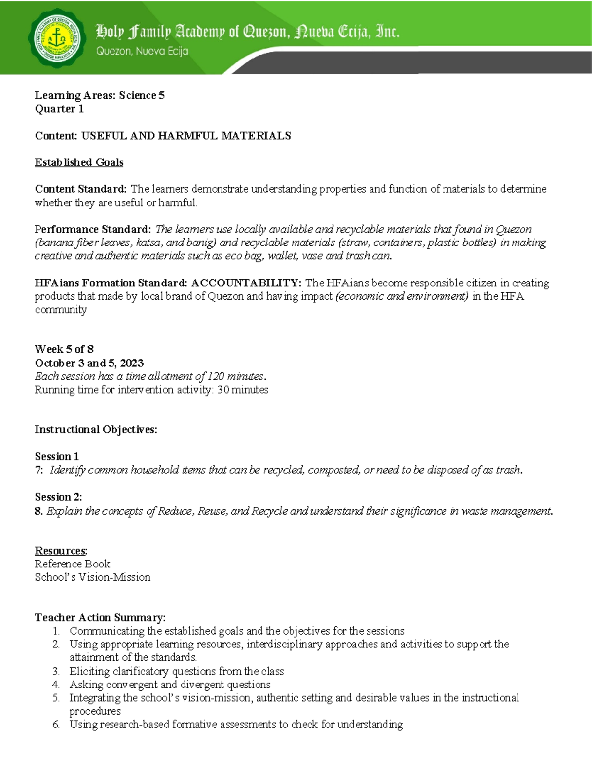 WEEK 5 LP (science 5) - Learning Areas: Science 5 Quarter 1 Content ...