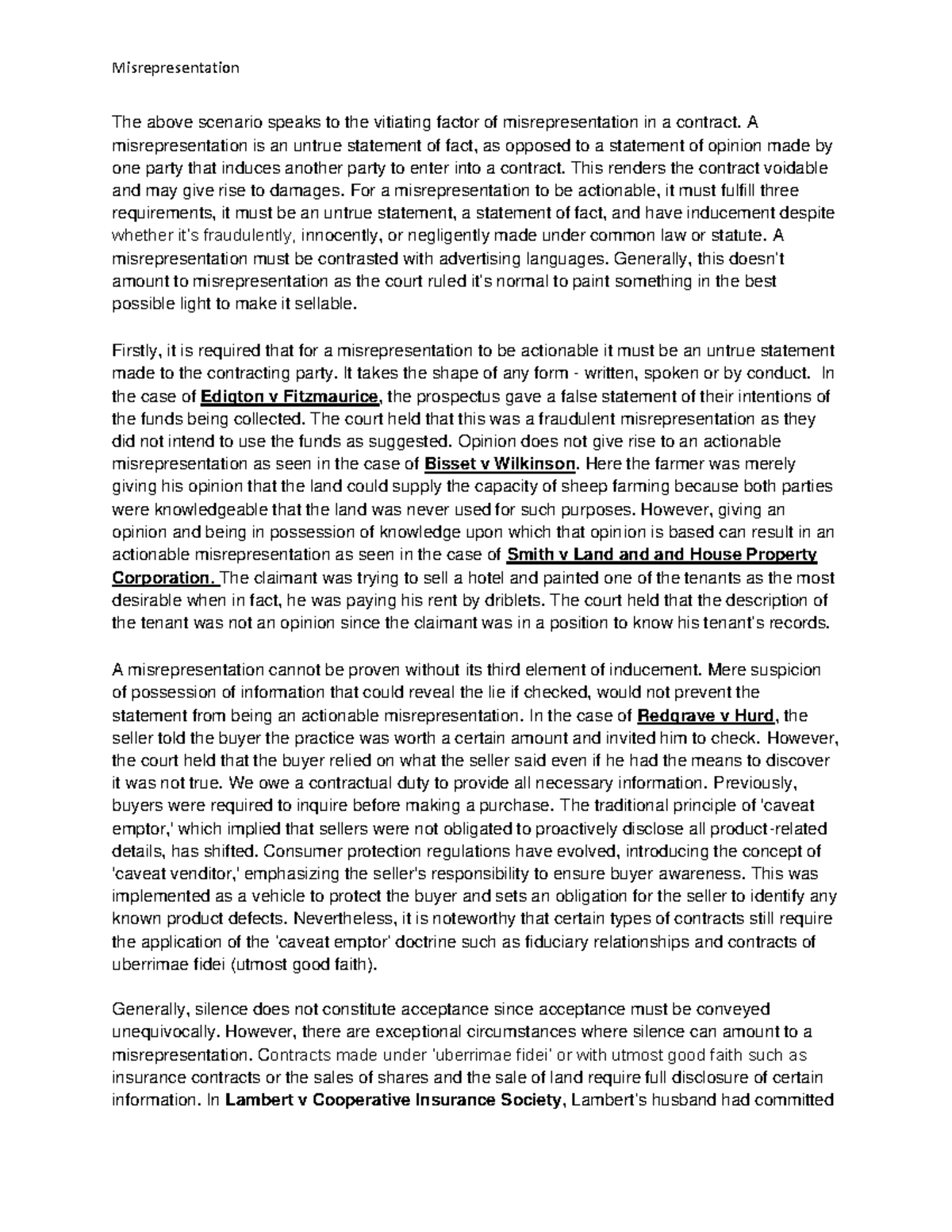 Misrepresentation - Mispresentation in a contract - vitiating factor ...