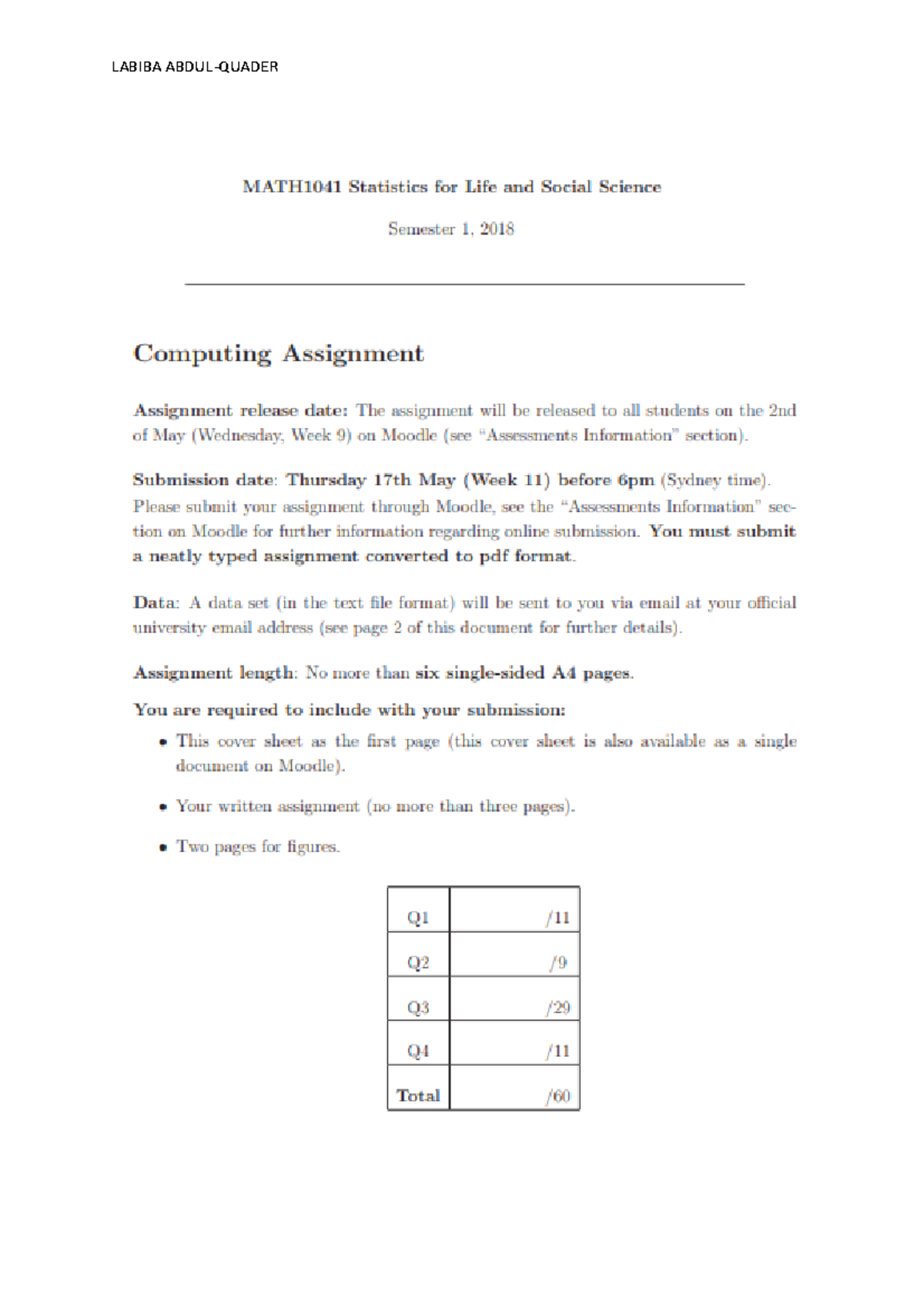 Math1041 Computing Assignment - a) Using rstudio command: summary ...