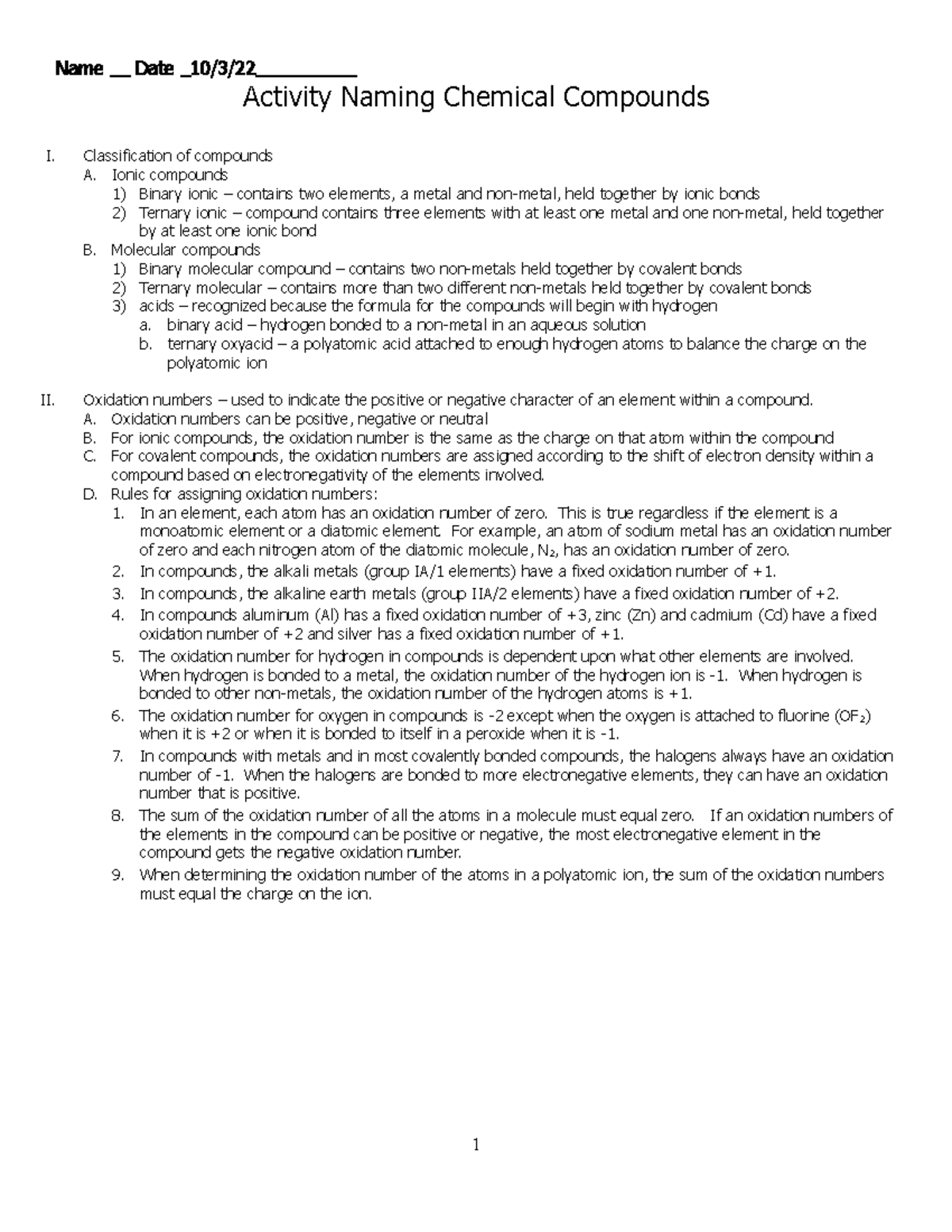 Naming Chemical Compounds Classification Of Compounds A Ionic