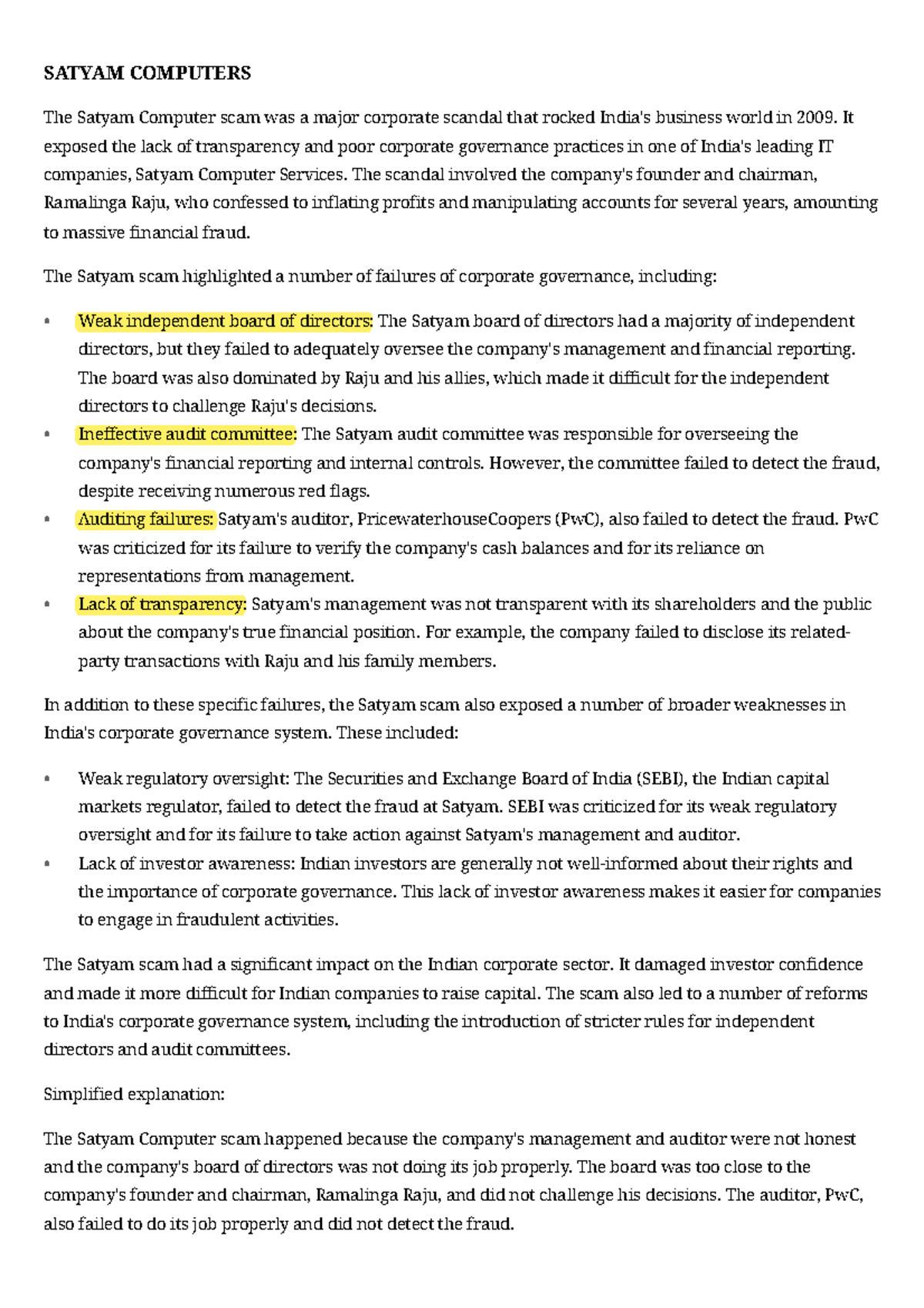 Satyam Computers - It exposed the lack of transparency and poor ...