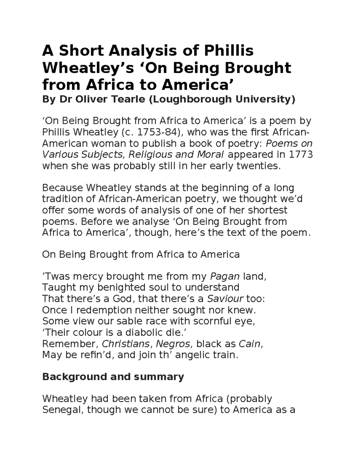 A Short Analysis of Phillis Wheatley - A Short Analysis of Phillis ...