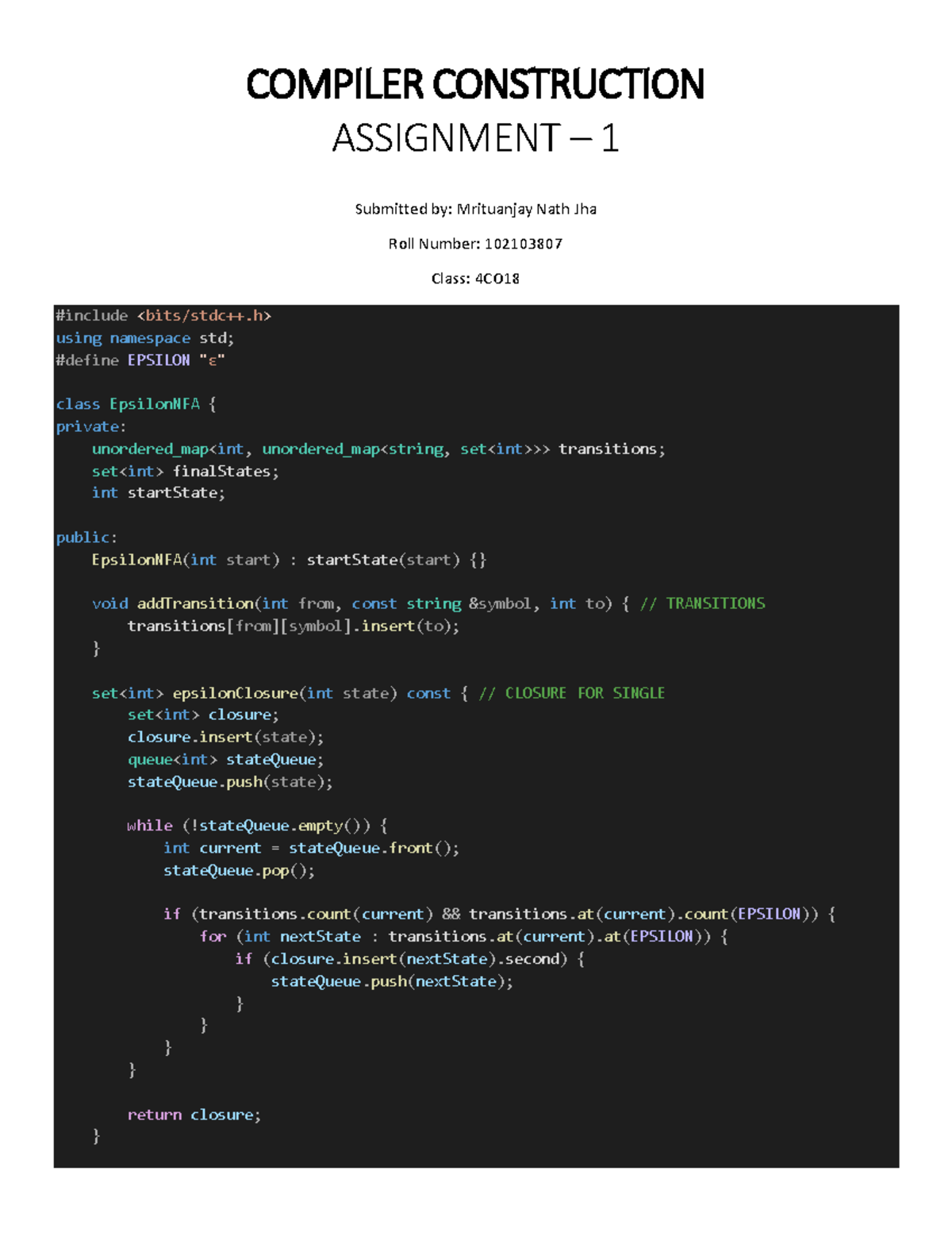 Compiler Assignment 2 Compiler Construction Assignment 1