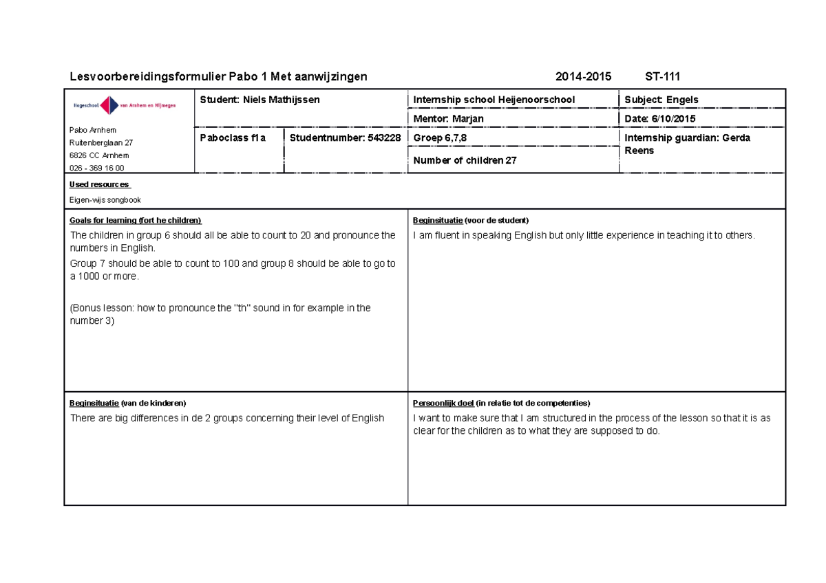 Lesvoorbereiding engels - Lesvoorbereidingsformulier Pabo 1 Met ...