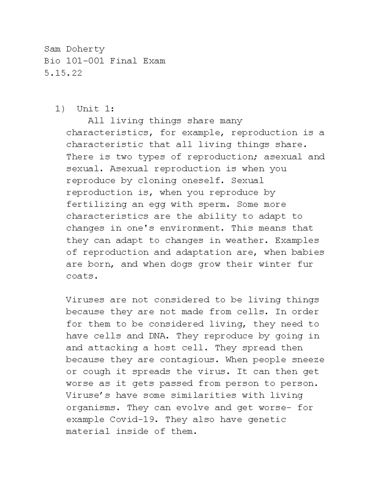 Sam Doherty - Sam Doherty Bio 101-001 Final Exam 5. Unit 1: All living ...