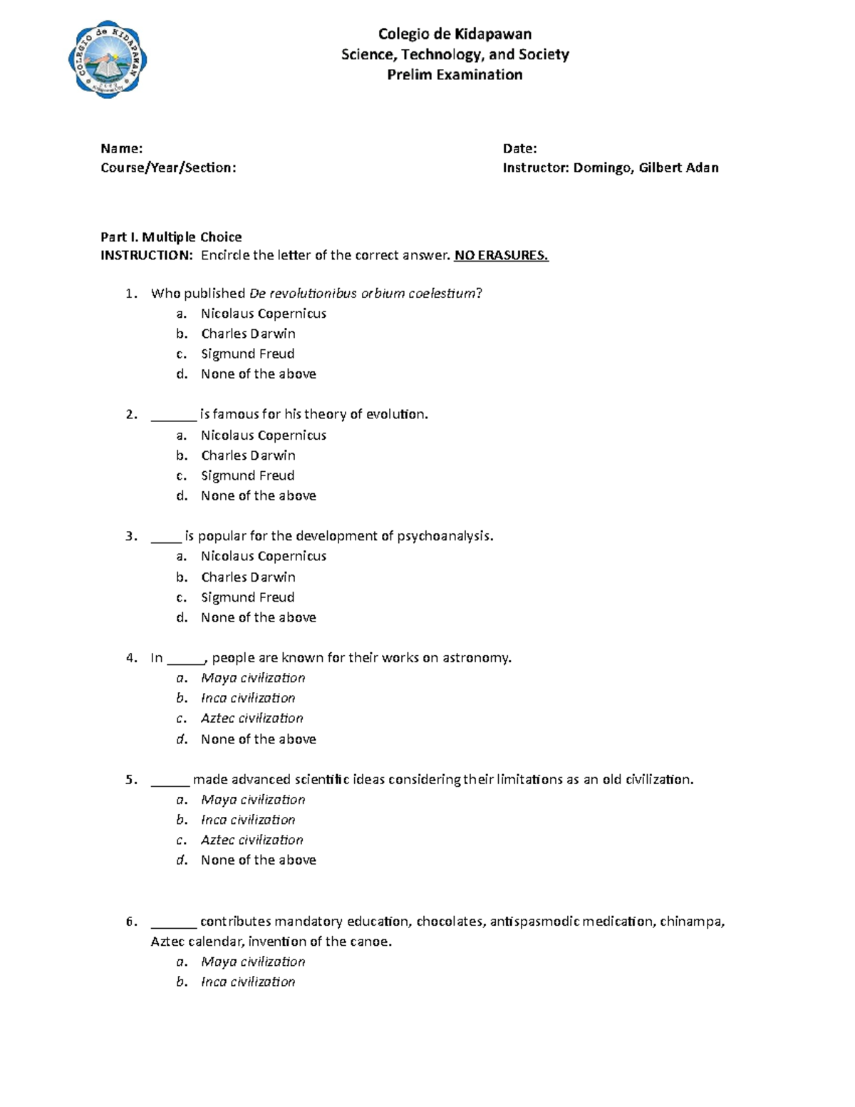 Exam prelim STS - Lecture notes 1 - Name: Date: Course/Year/Section ...