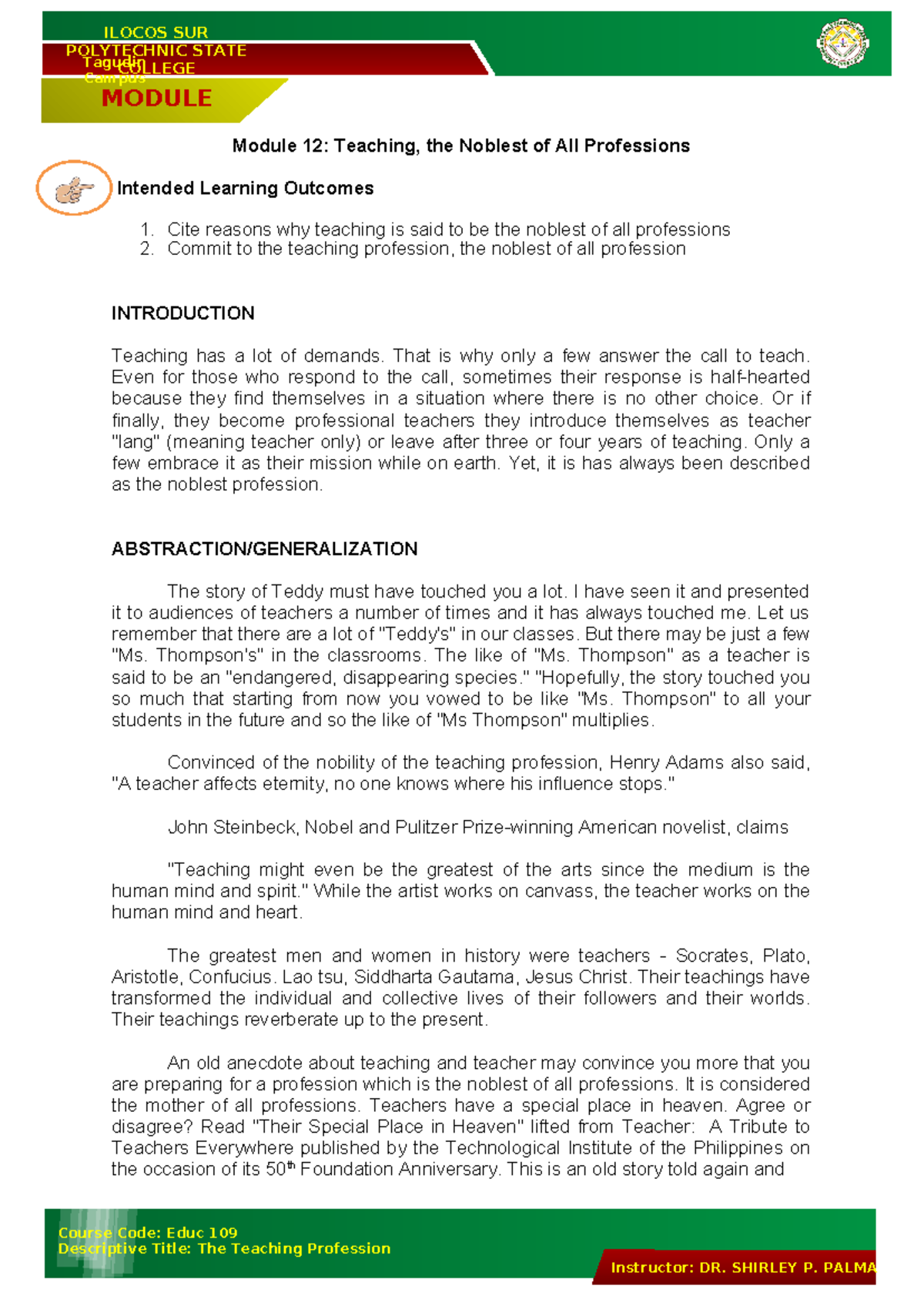 Module 12 Teaching THE Noblest OF ALL Professions - MODULE Tagudin ...