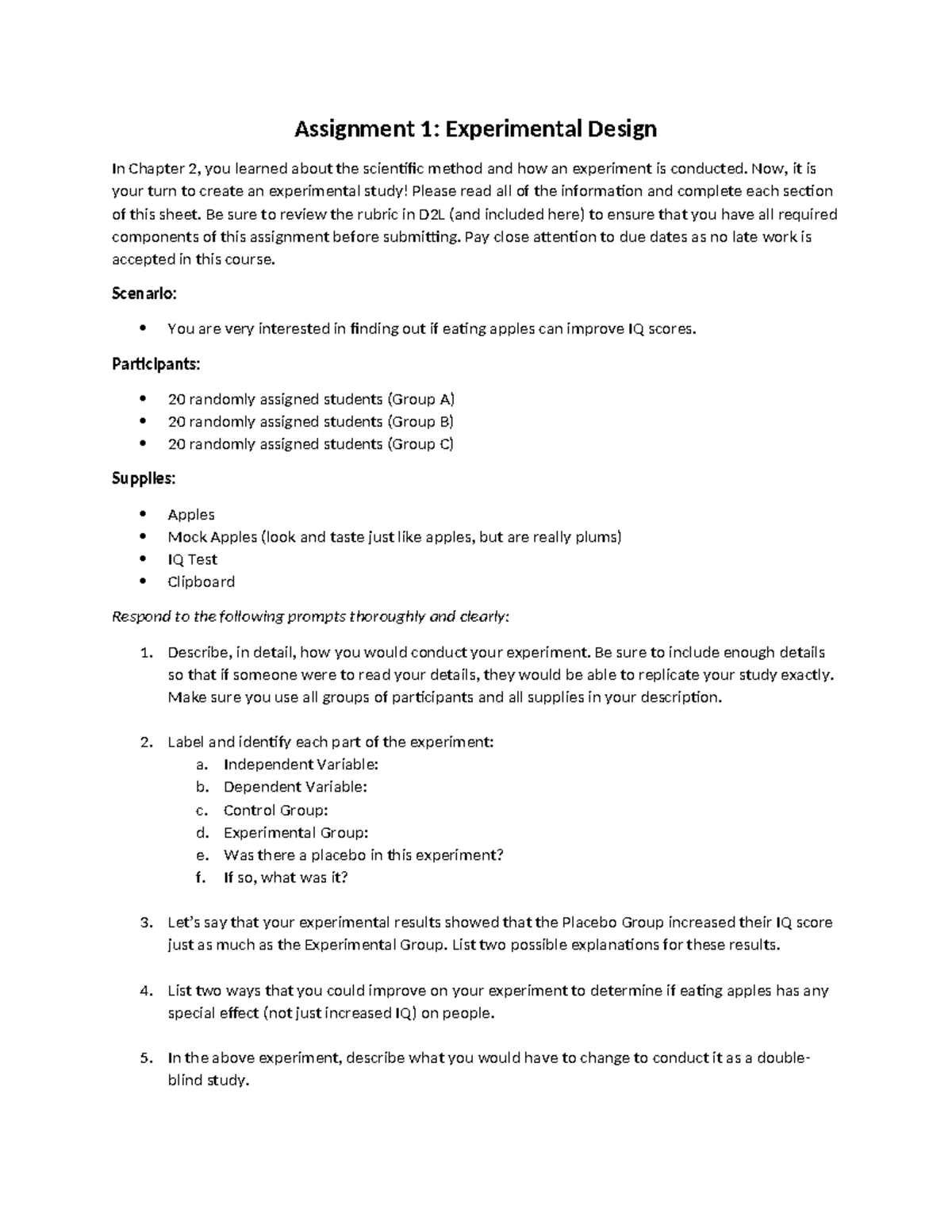 Assignment 1Experimental Design 2 - Assignment 1: Experimental Design In Chapter 2, you learned ...