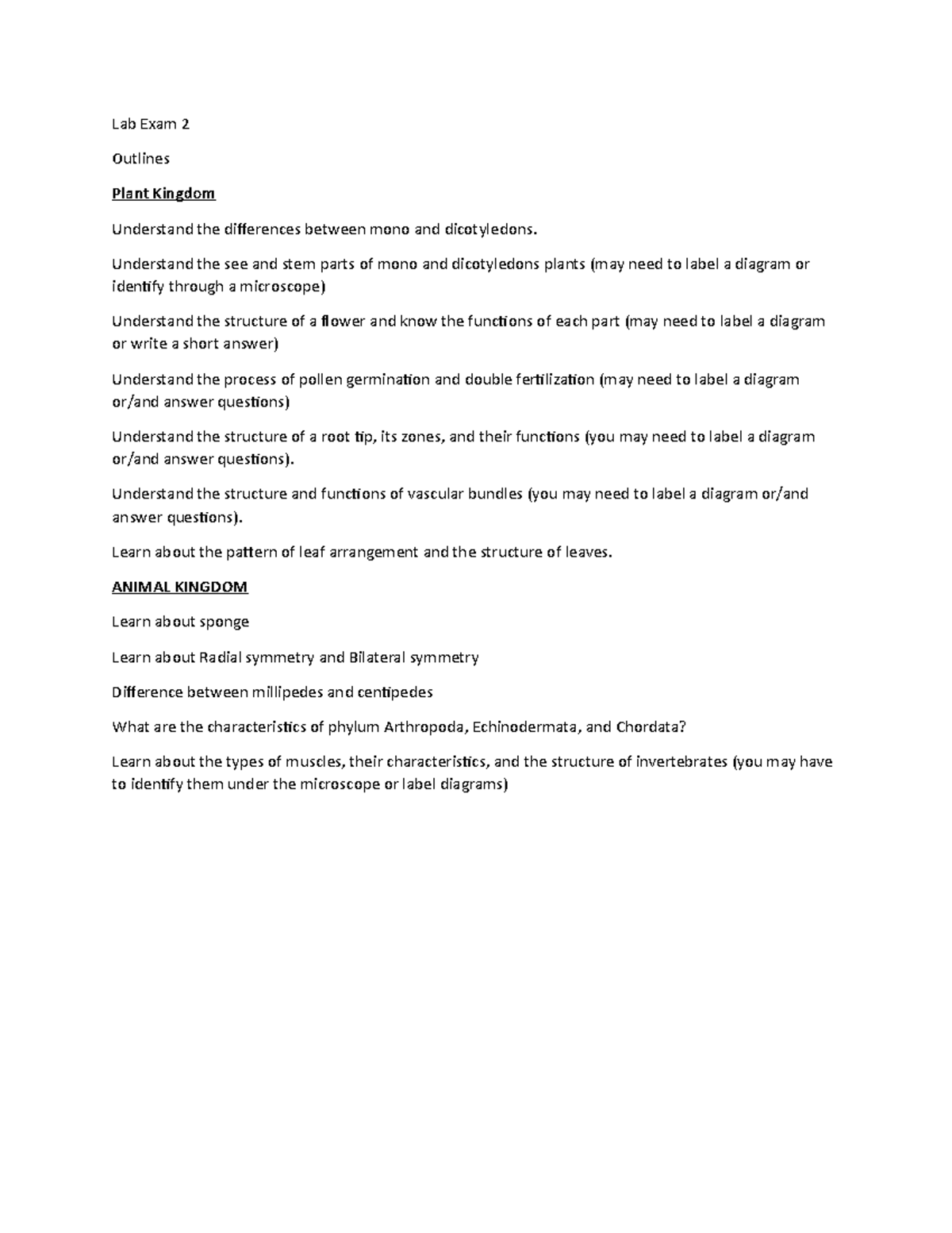 Lab Exam 2-outlines - LAB EXAM BIO 2 - Lab Exam 2 Outlines Plant ...