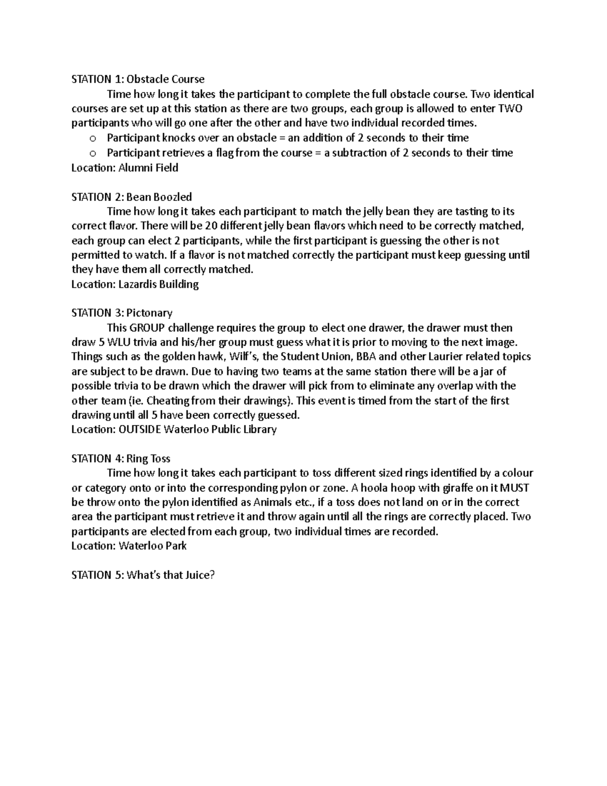 Amazing Race assignment - STATION 1: Obstacle Course Time how long it ...