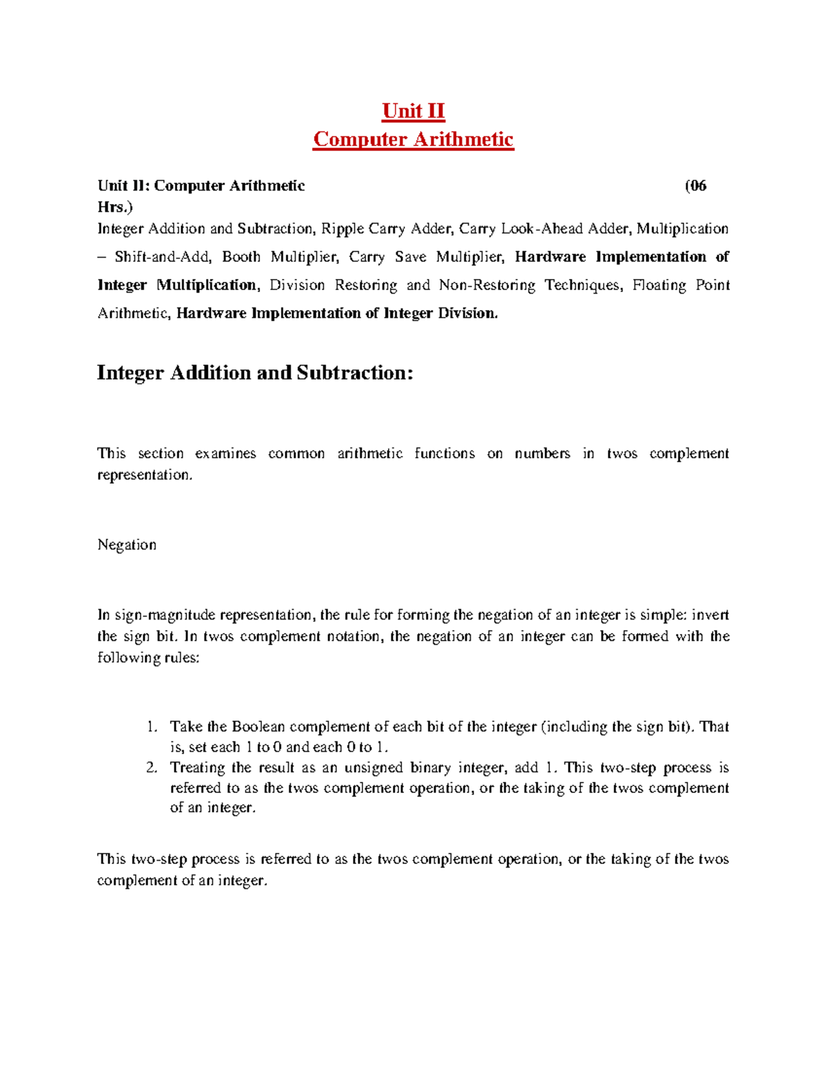 Unit Ii Notes Converted Unit Ii Computer Arithmetic Unit Ii Computer Arithmetic Hrs