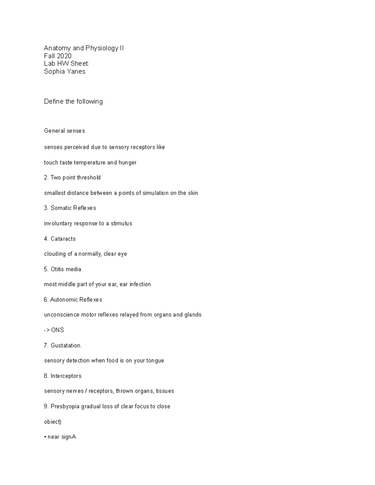 Copy of Senses worksheet HW 2020 - Anatomy and Physiology II Fall 2020 ...
