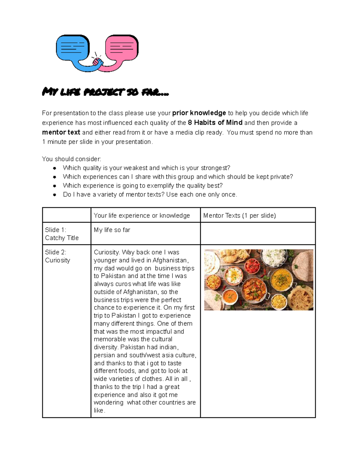 Copy of Outline My life so far project - My life project so far.... For ...