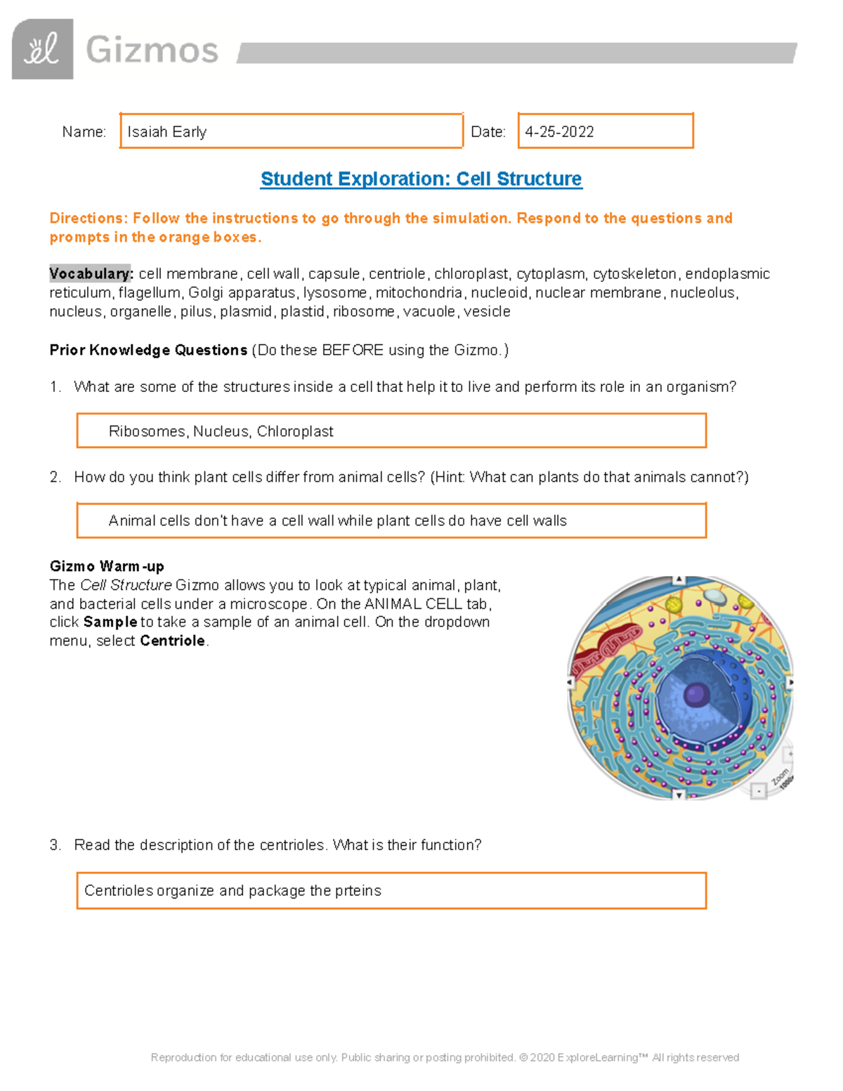 Copy of Cell Structure SE - Name: Isaiah Early Date: 4-25- Student ...