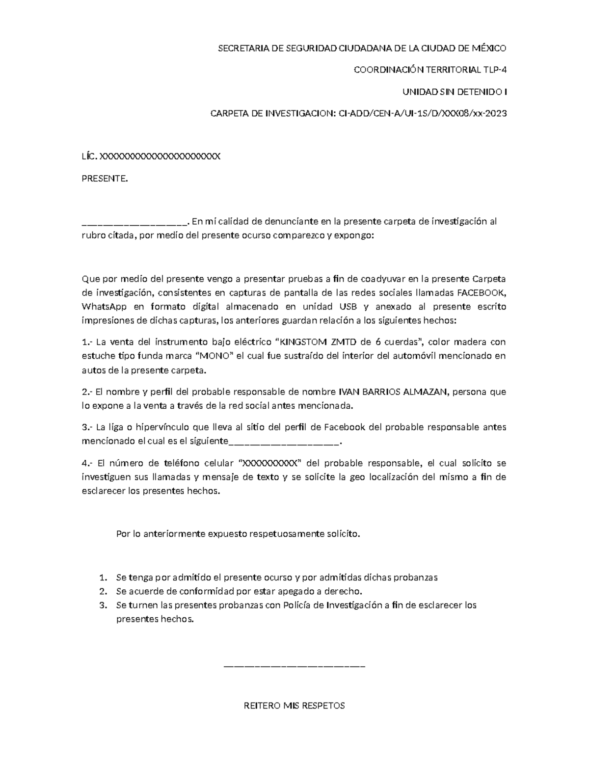 Escrito para coadyuvar con el MP - SECRETARIA DE SEGURIDAD CIUDADANA DE ...