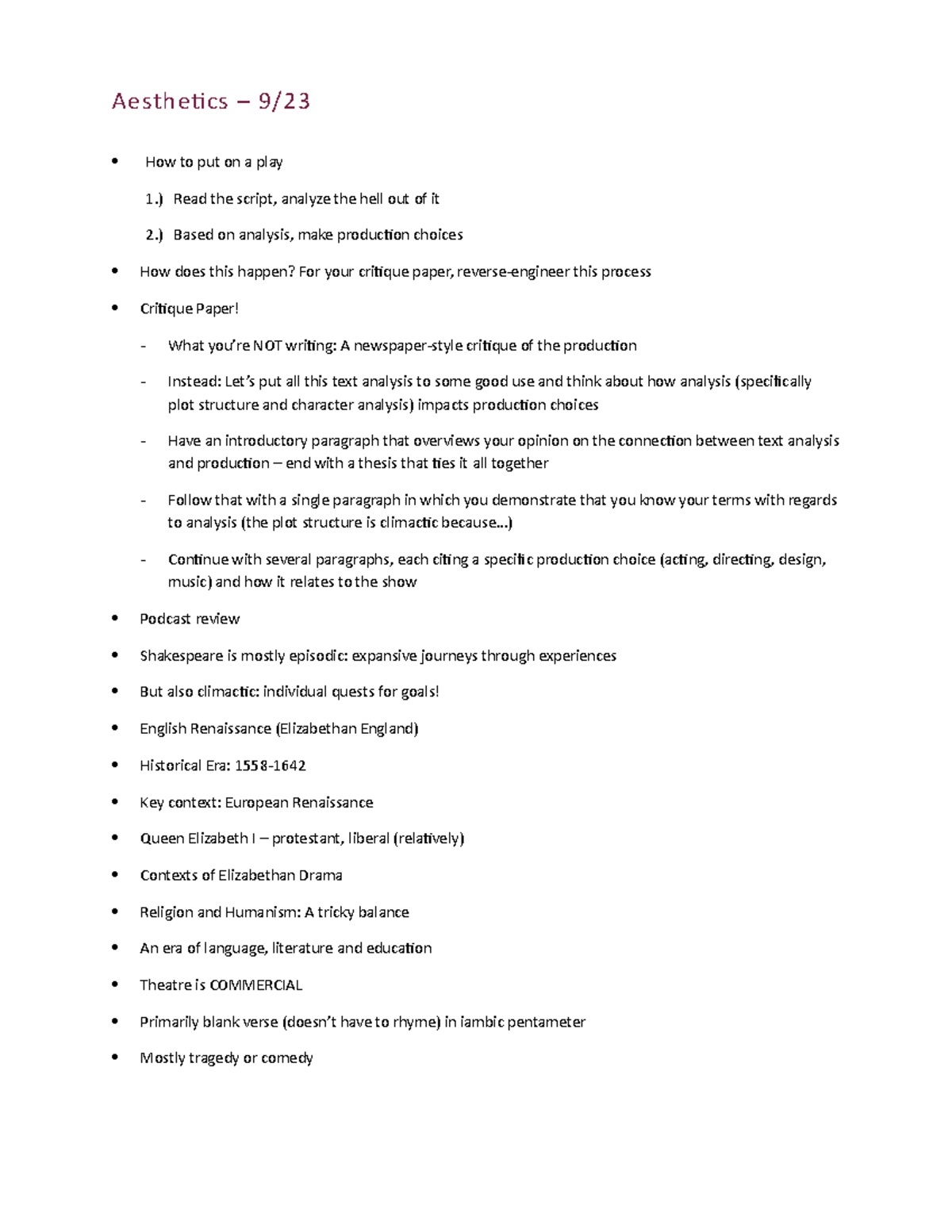 Aesthetics 1 September 23rd Lecture - Aestheti cs How to put on a play ...