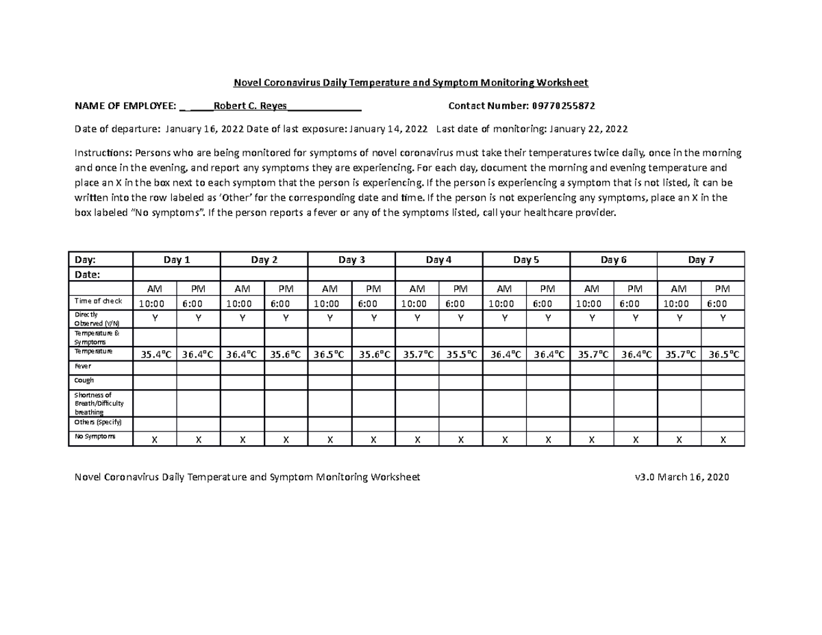 Novel Coronavirus Daily Temperature and Symptom Monitoring Worksheet ...