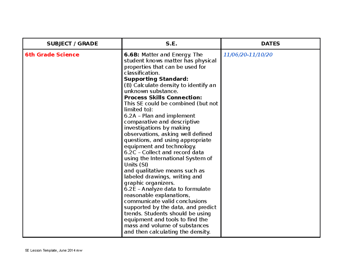 6.6B Matter & Energy Calculating Density - SUBJECT / GRADE S. DATES 6th ...