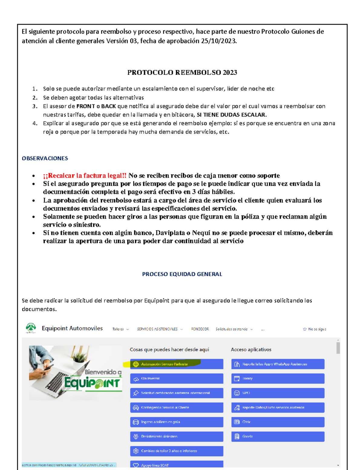 Protocolo PARA Reembolso - El siguiente protocolo para reembolso y proceso respectivo, hace ...