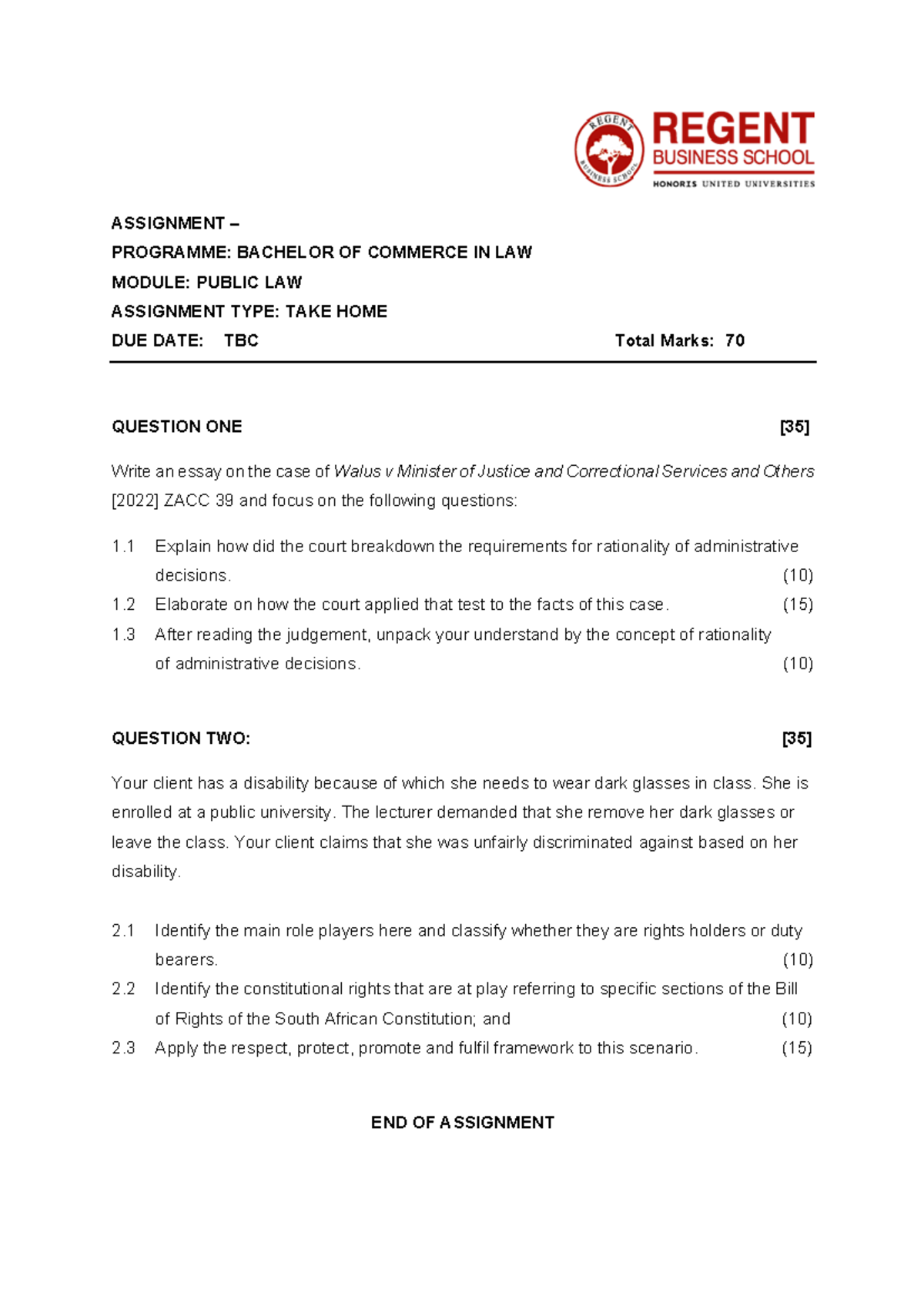 Bcomlw PL202 11215 - ASSIGNMENT – PROGRAMME: BACHELOR OF COMMERCE IN ...