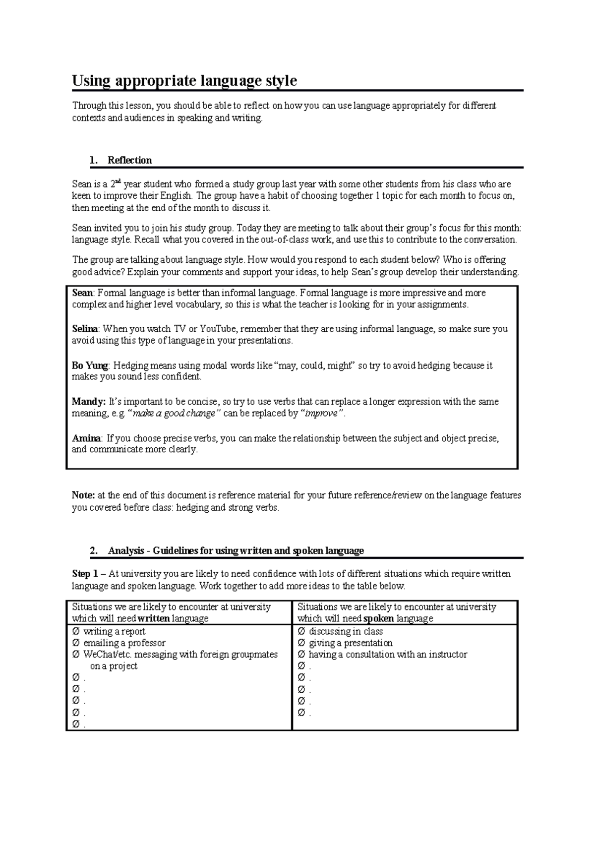 2- U1L5 - Using appropriate language style - student notes - Using ...