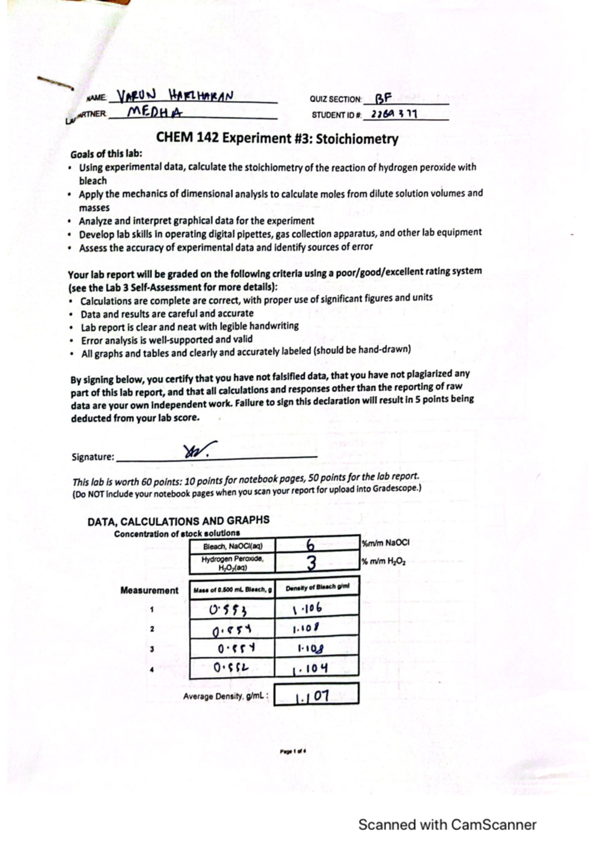 Chemistry 142 Lab 3- Stoichiometry - inc name._ a0 NEL HARAN ...