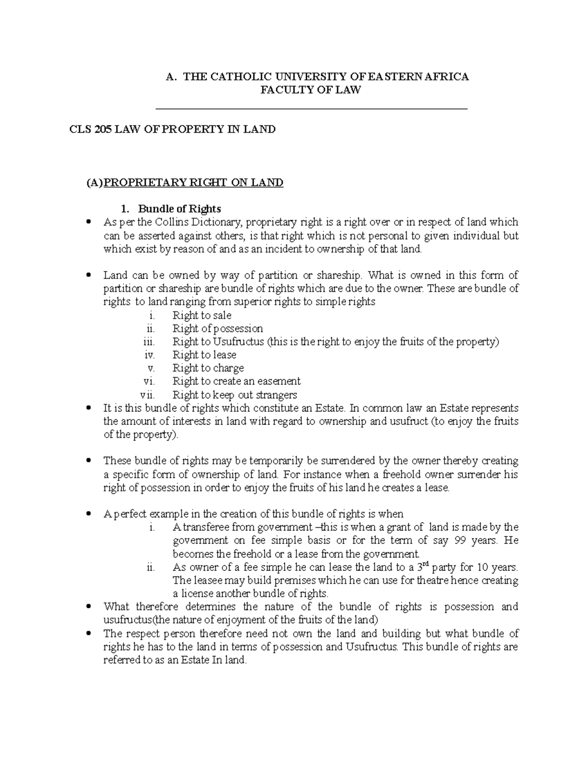 Proprietary Rights ON LAND - A. THE CATHOLIC UNIVERSITY OF EASTERN ...