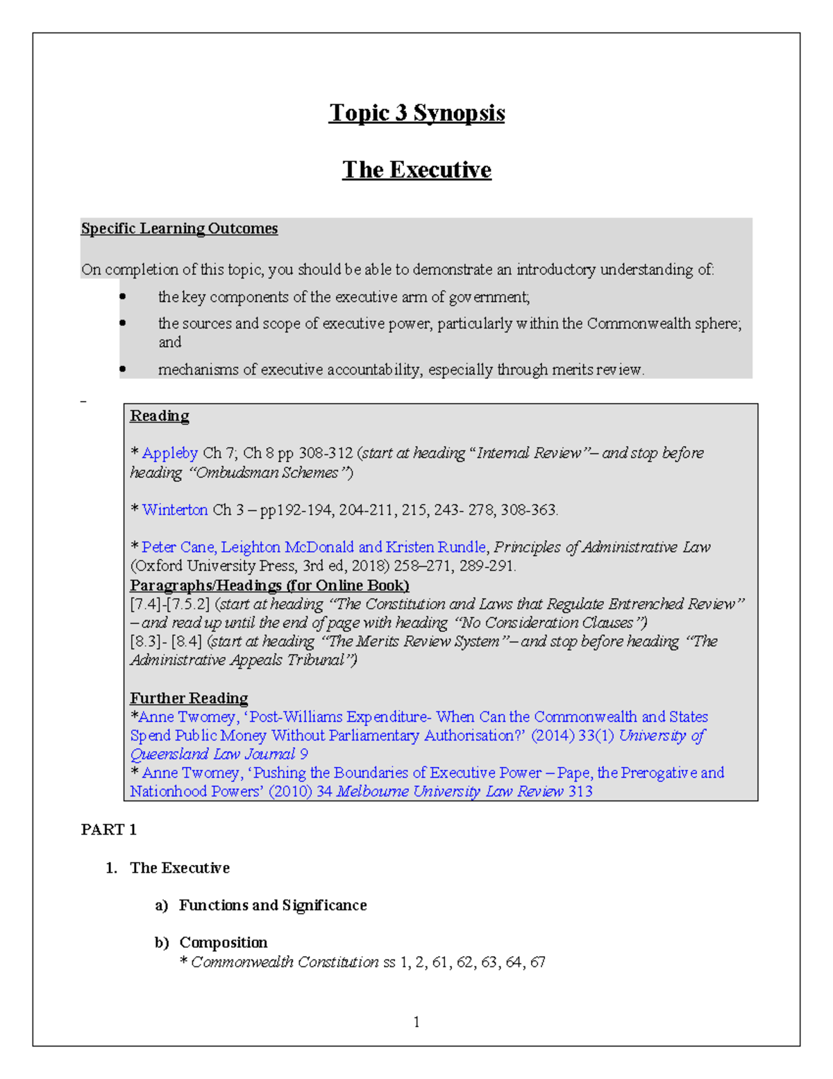Synopsis Topic 3 - lecture - Topic 3 Synopsis The Executive Specific Learning Outcomes On ...