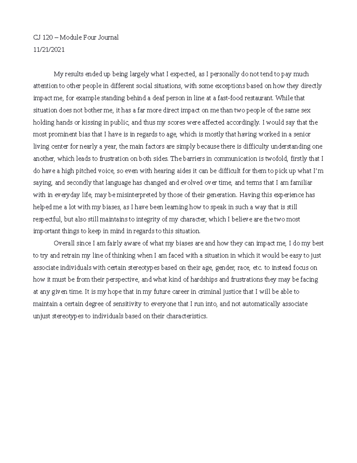 CJ 120 Module Four Journal - CJ 120 – Module Four Journal 11/21/ My ...