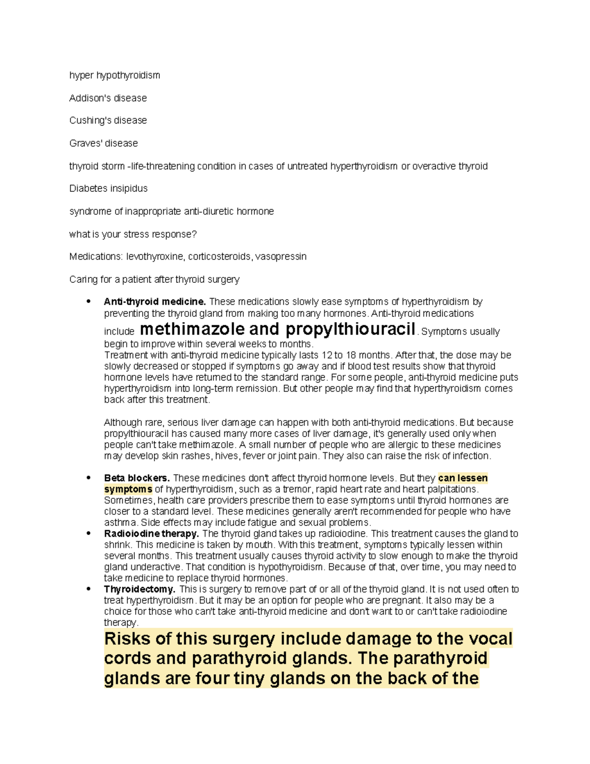 Final endocrine topics - hyper hypothyroidism Addison's disease Cushing ...