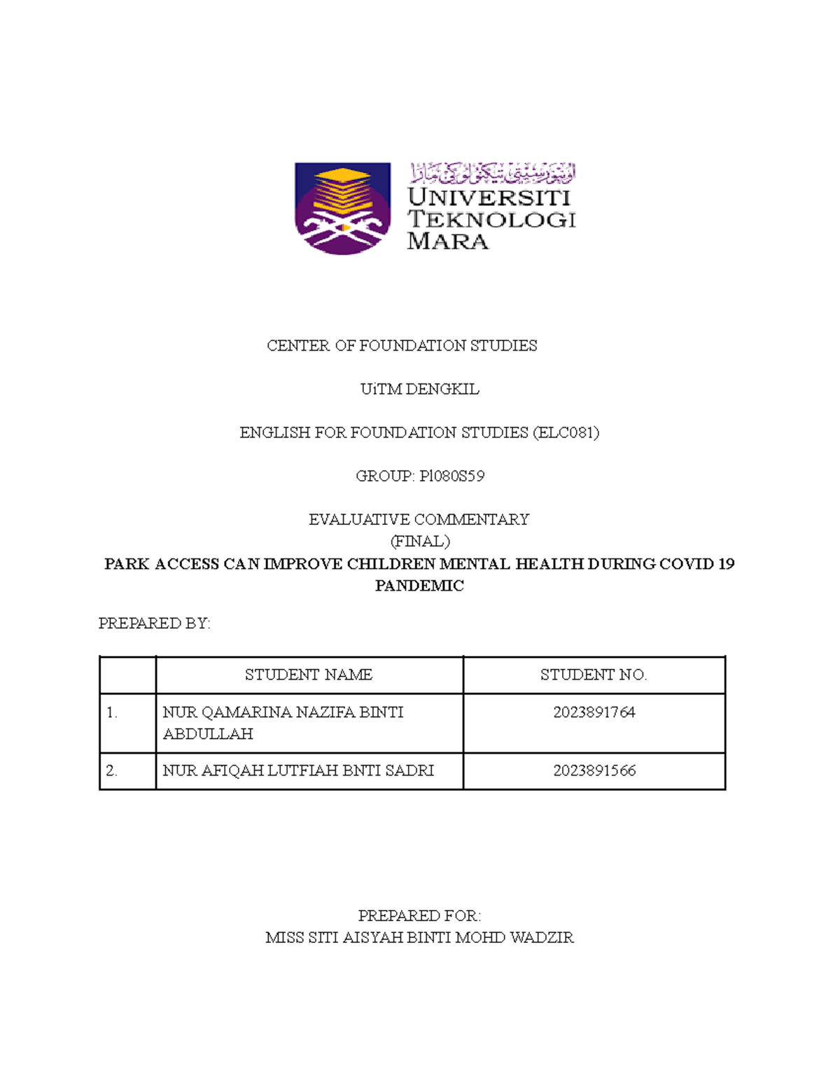 Ec final submission - CENTER OF FOUNDATION STUDIES UiTM DENGKIL ENGLISH ...
