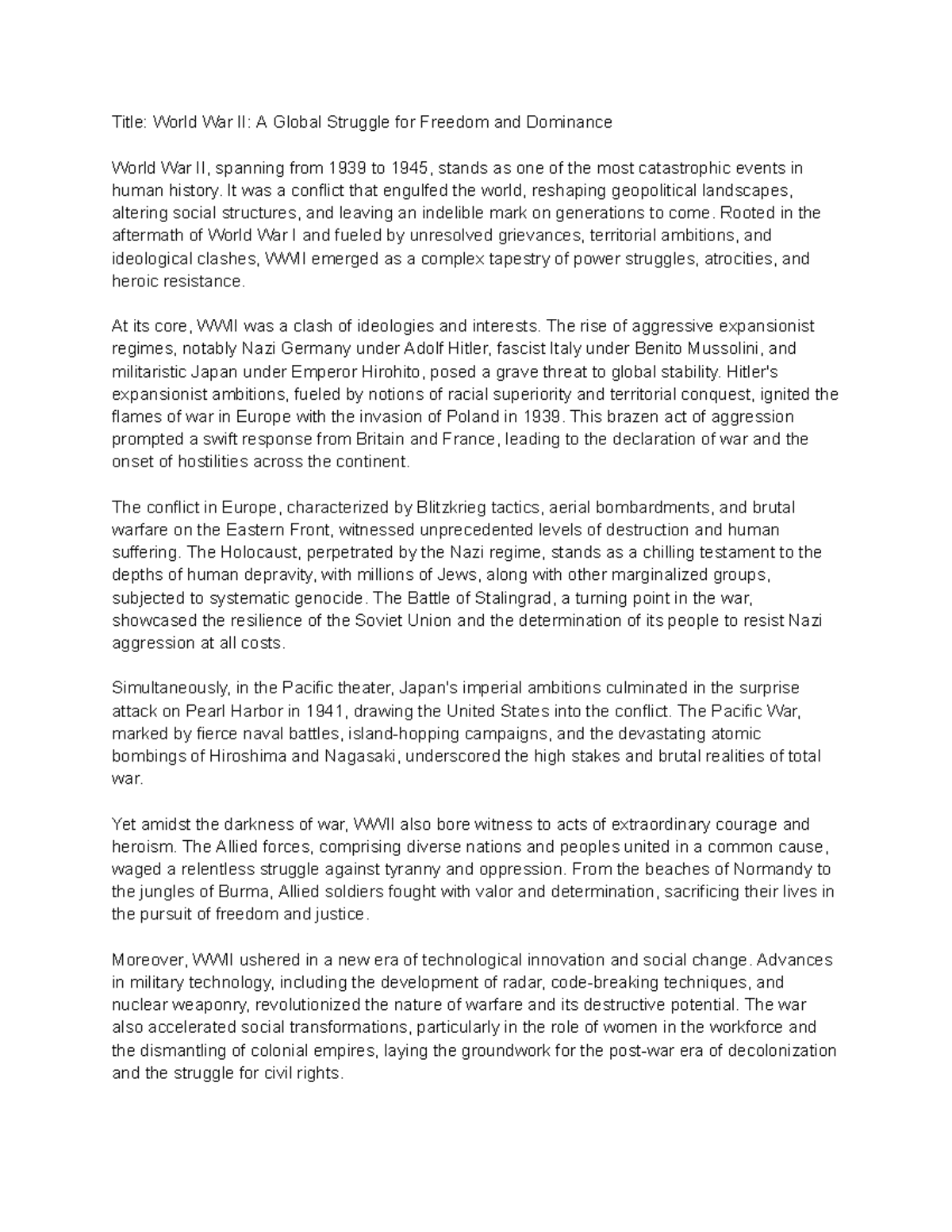 Summary Of WWII - nklonkom - Title: World War II: A Global Struggle for ...