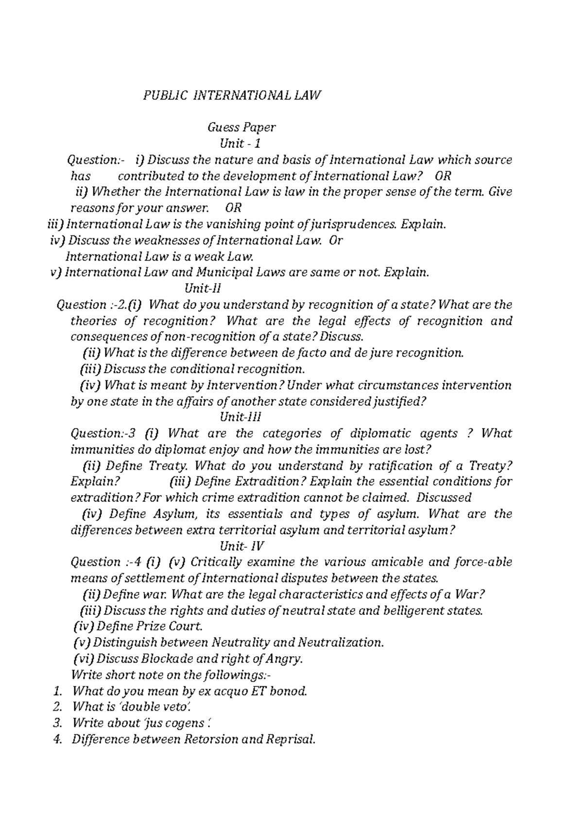 Int Law notes - PUBLIC INTERNATIONAL LAW Guess Paper Unit - 1 Question ...