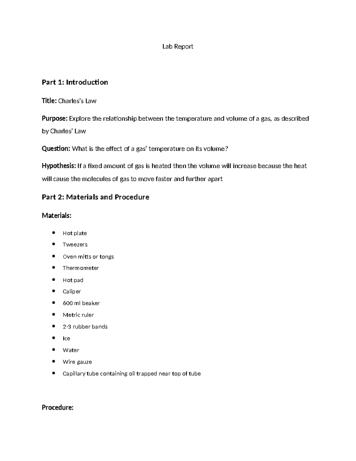 Lab Report - Charles's Law - Lab Report Part 1: Introduction Title ...