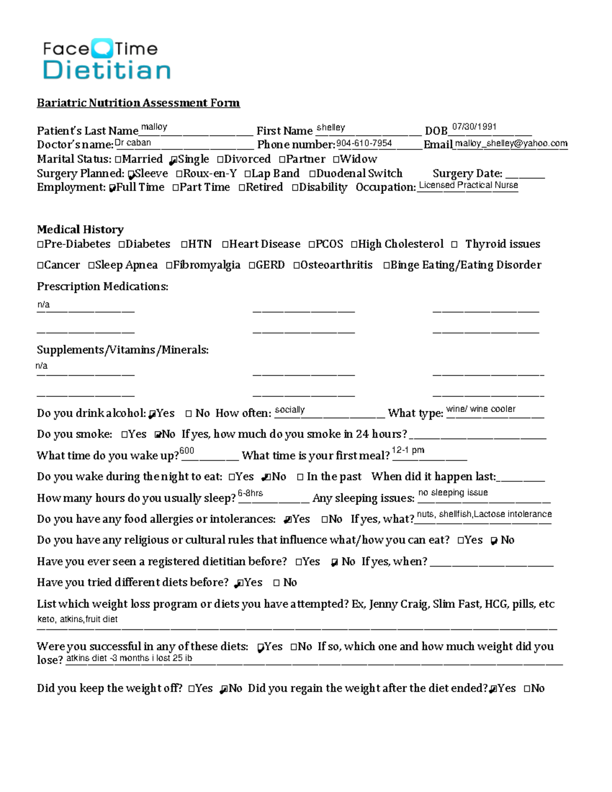Nutrition Questionnaire - Bariatric Nutrition Assessment Form Patient’s ...