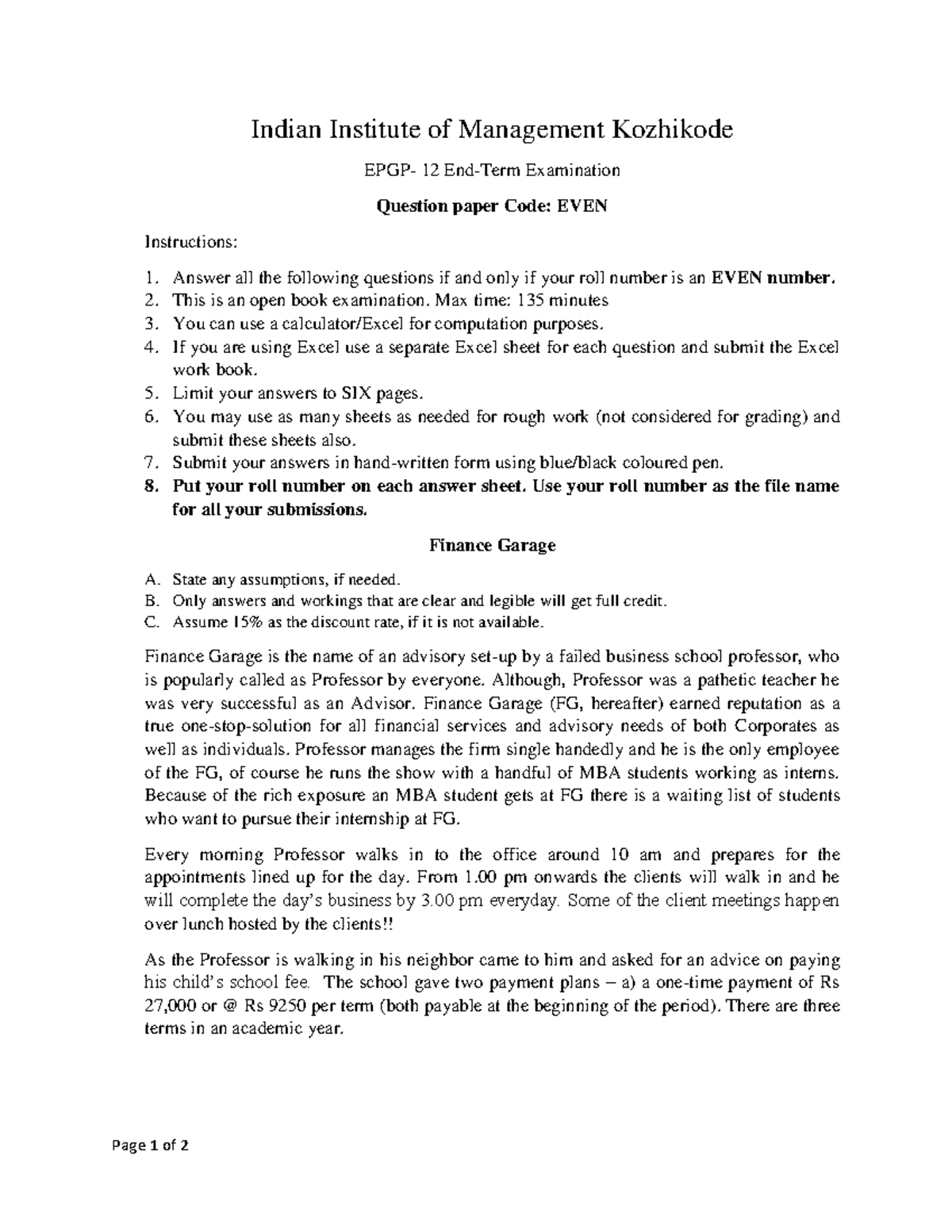 Question Paper -For EVEN Roll Number Students-FM1 - Page 1 of 2 Indian ...