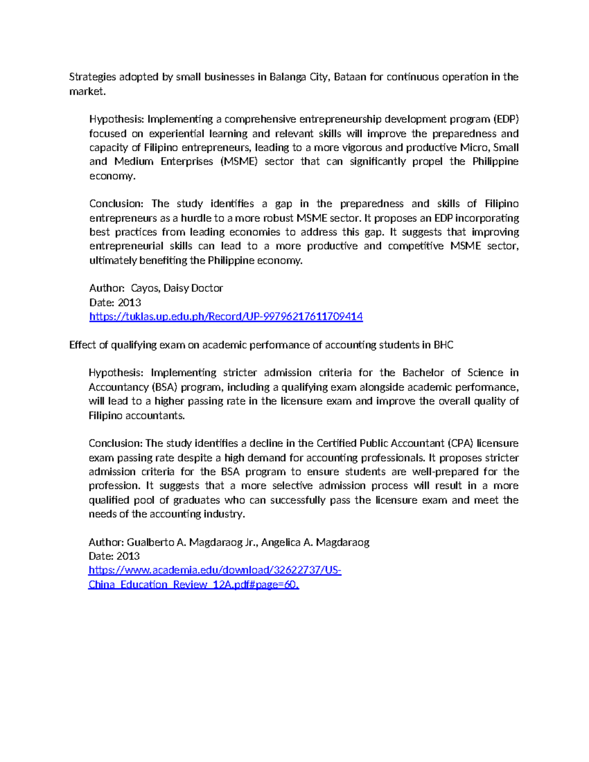 RRL - rrl - Strategies adopted by small businesses in Balanga City ...