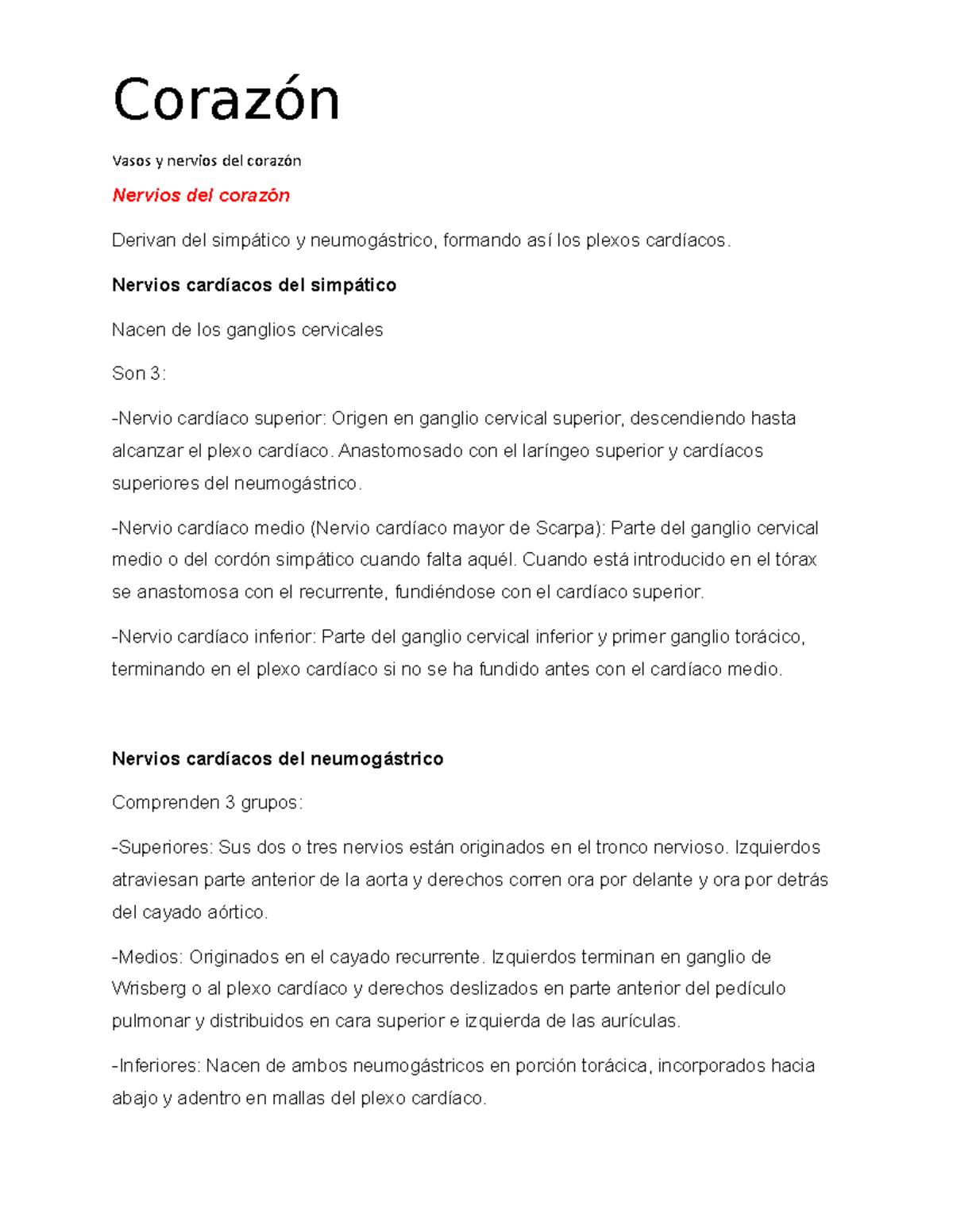 Corazón - Notas - Corazón Vasos y nervios del corazón Nervios del ...