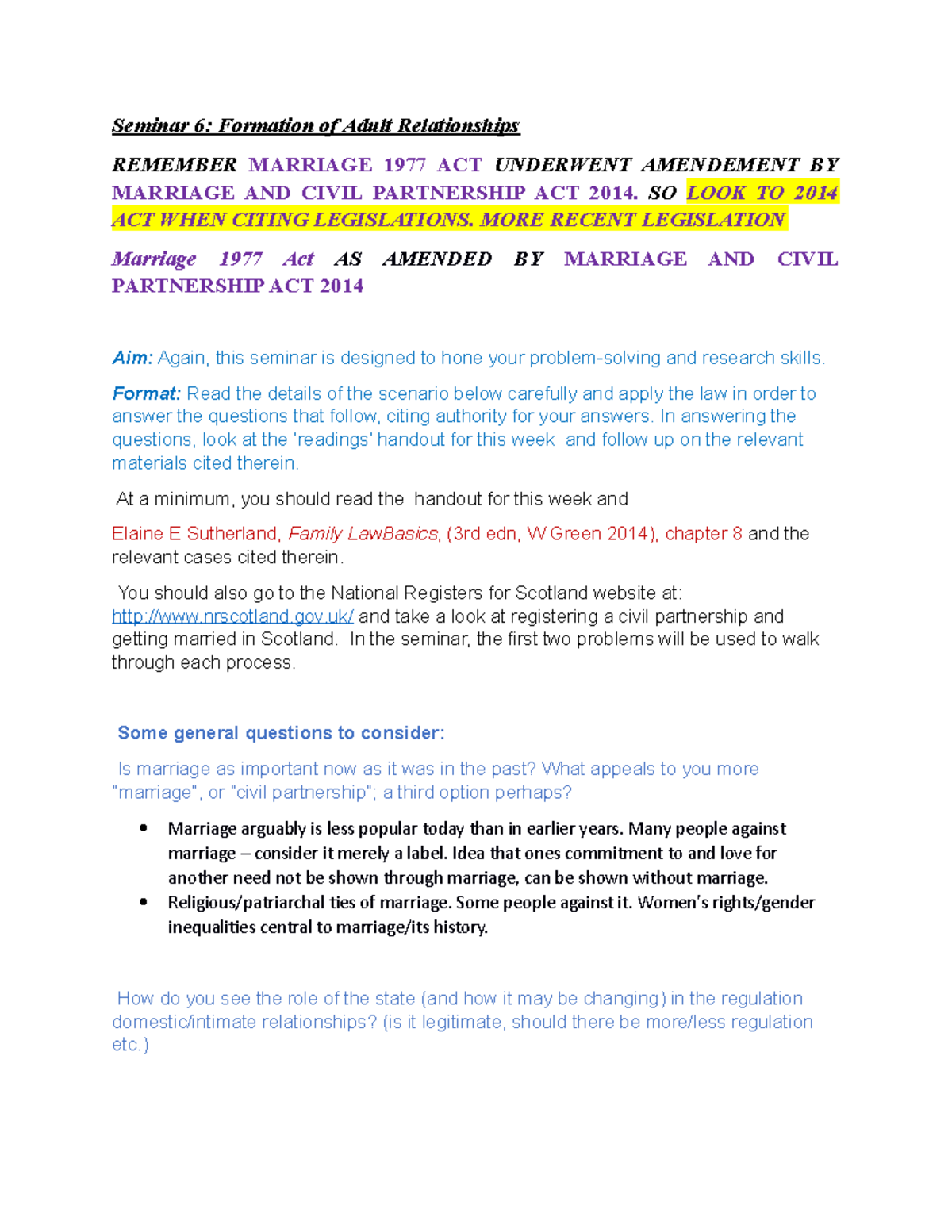 Seminar 6 family law adult relationship - Seminar 6: Formation of Adult ...