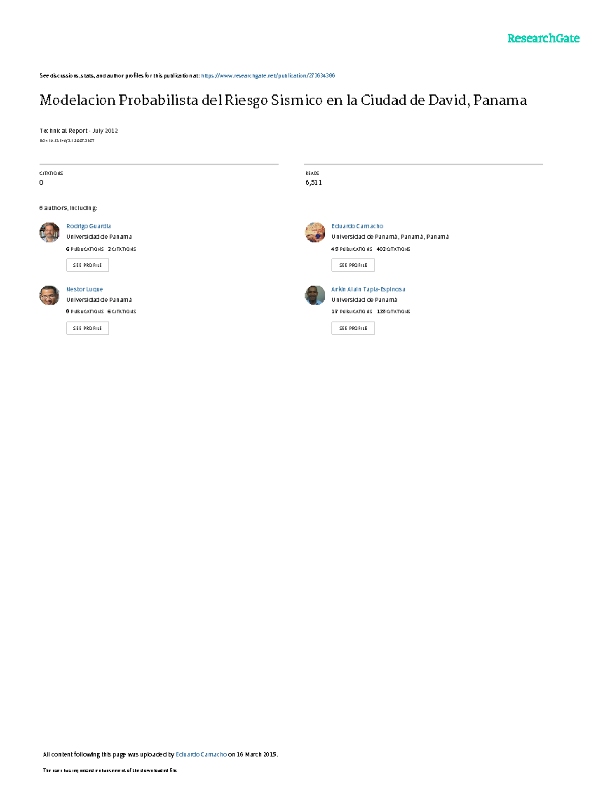Modelacion Probabilista de Riesgo Sismico para la Ciudad de David-libre - See discussions, stats ...