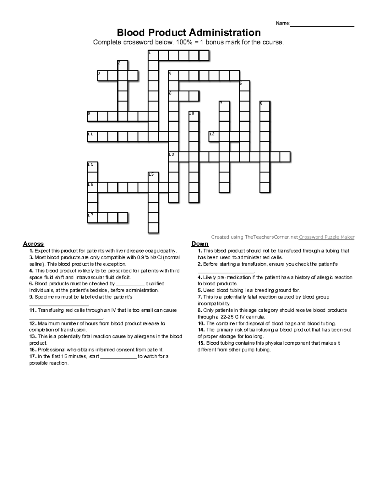 Blood Products Crossword - Blood Product Administration Complete ...