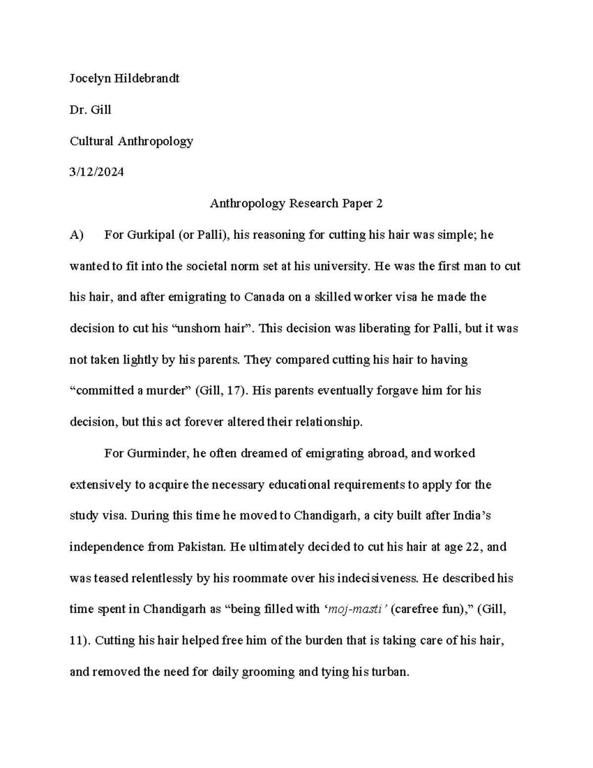 Anthropology Research Paper 2 - Jocelyn Hildebrandt Dr. Gill Cultural ...