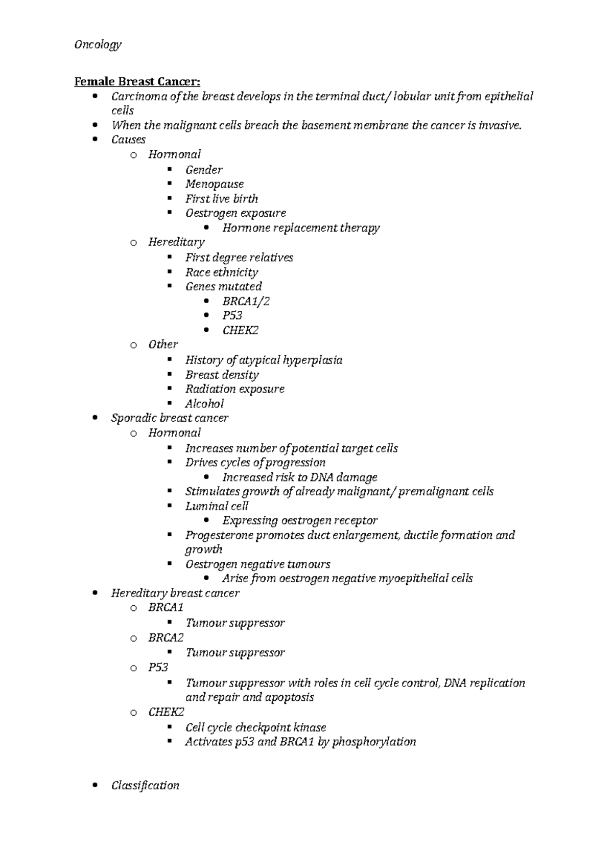 Breast Cancer Lecture Notes - Oncology Female Breast Cancer: Carcinoma ...